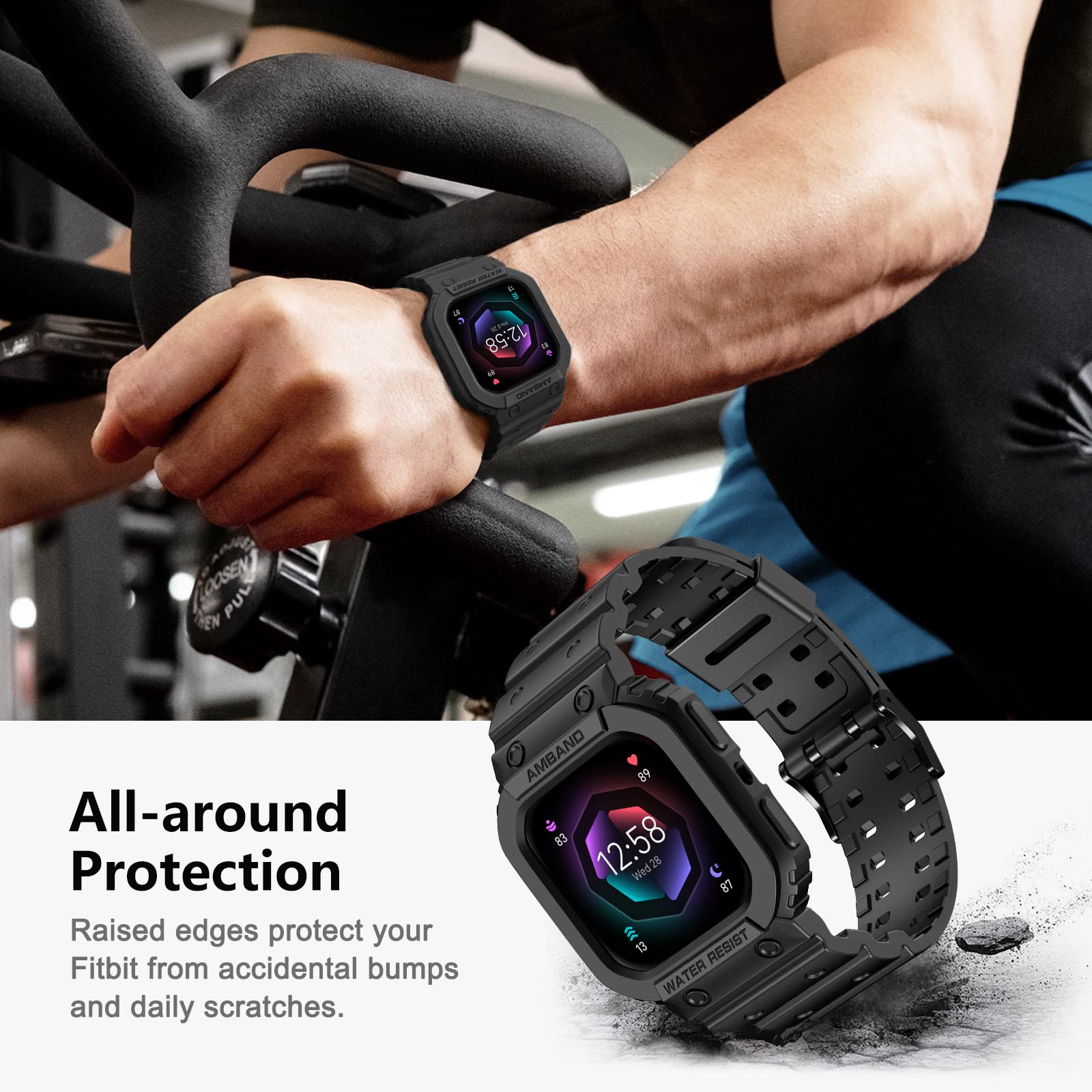 amBand Compatible for Fitbit Versa 4/3/2/ Fitbit Versa Lite/Fitbit Sense 2/ Fitbit Sense Bands with Case, Protective Smartwatch Case Strap Rugged Sport Protector Wristbands Men Black
