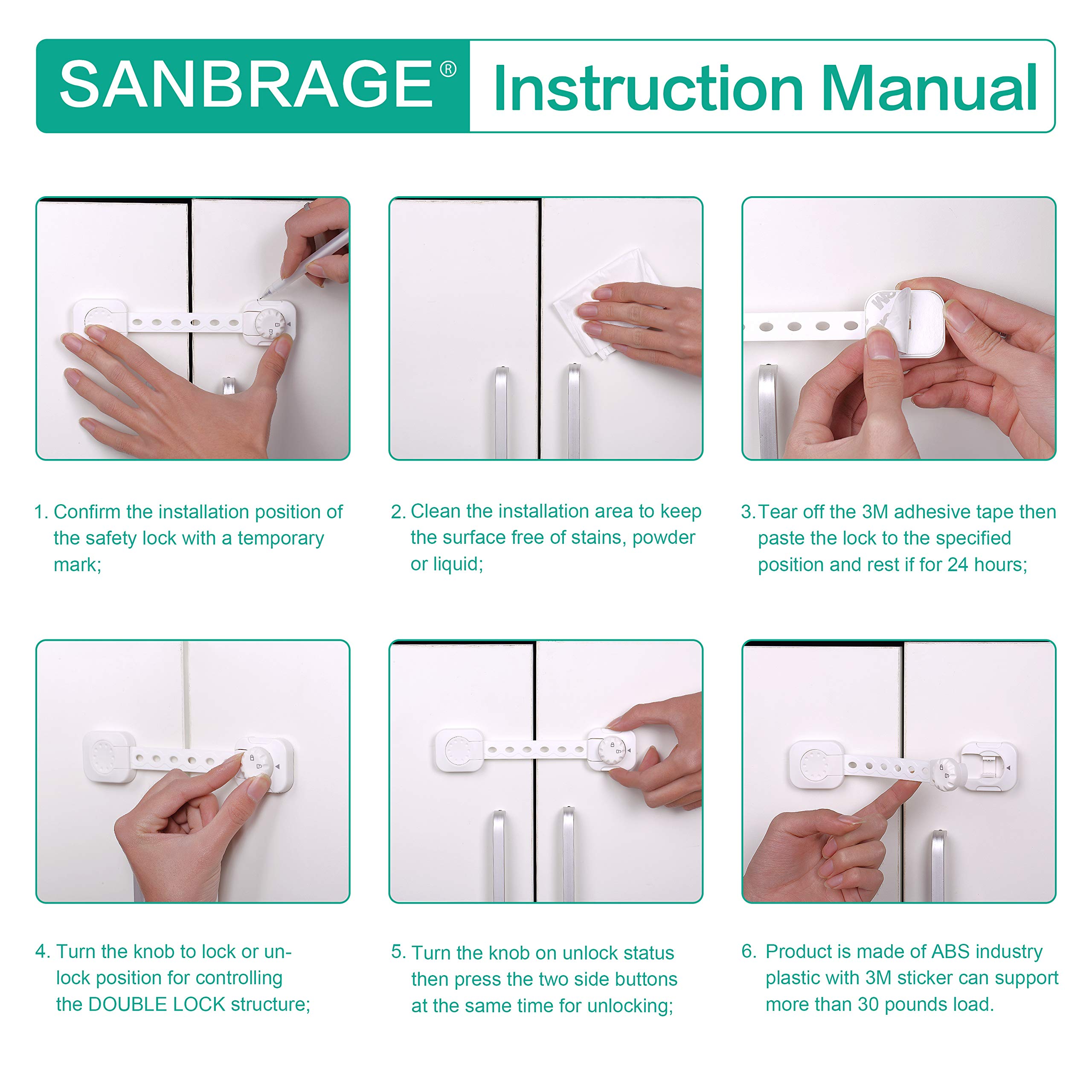 Baby Safety Locks (White, 6 Pack) for Drawers, Cabinets, Fridge, Oven and Toilet, Adjustable Strap Length, 3M Adhesive and Double Locking Protection, SANBRAGE Baby