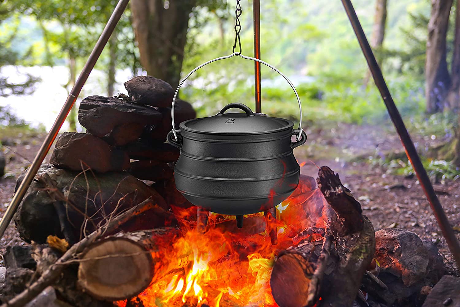Bruntmor Pre-Seasoned Cast Iron Cauldron - 6 Quart African Potjie Pot with Lid - 3-Legged Dutch Oven for Camping and Over-the-Fire Cooking - Durable Outdoor Cookware for Stews, Chili, and Slow Cooking