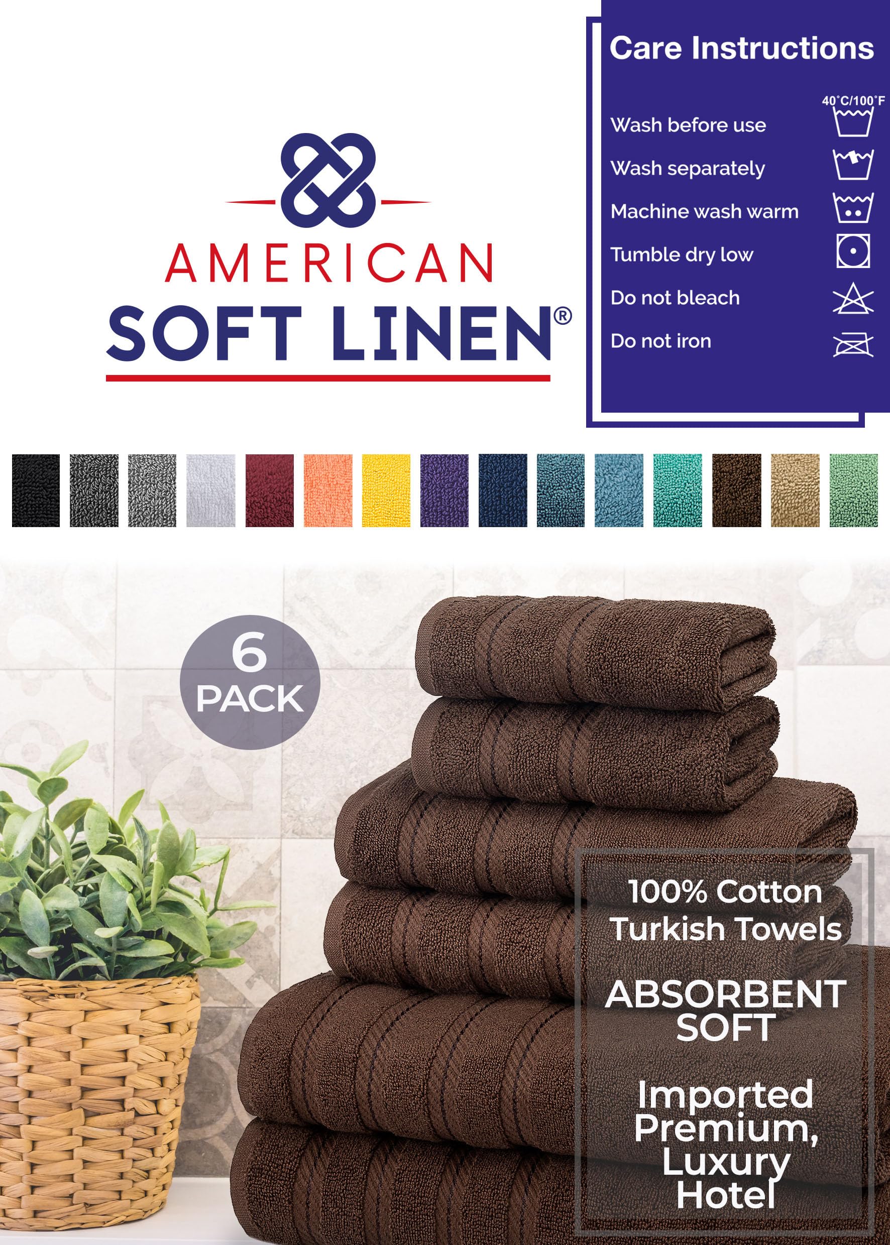 American Soft Linen 100% Turkish Carde Cotton 6 Piece Towel Set, 560 GSM Towels for Bathroom, Super Soft 2 Bath Towels 2 Hand Towels 2 Washcloths, Dark Brown