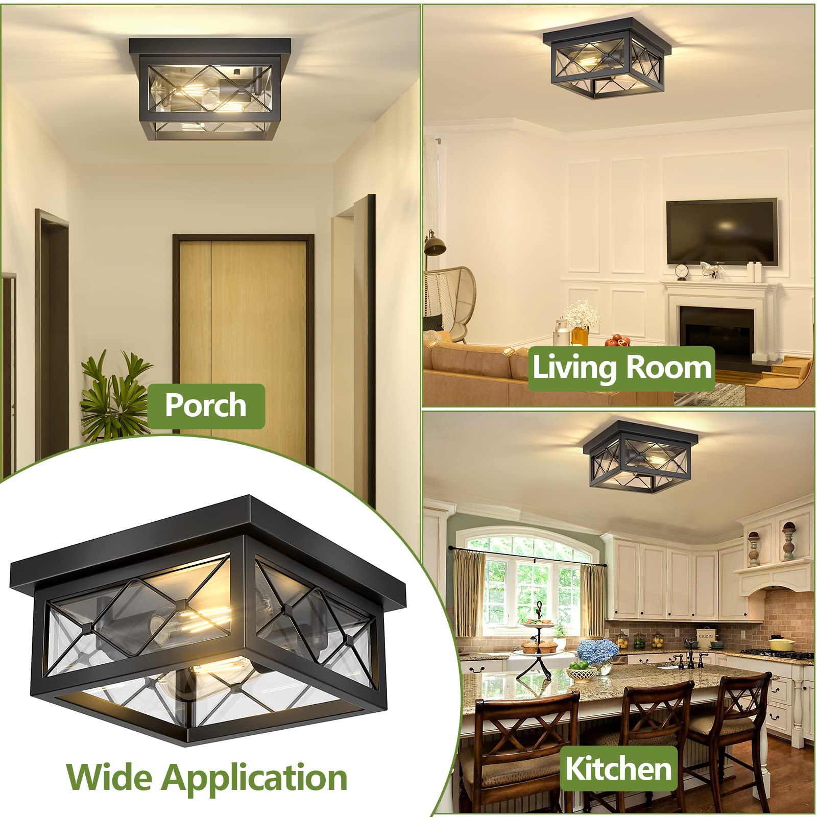 Asnxcju Farmhouse Light Fixtures Ceiling Mount, 2-Light Black Flush Mount Ceiling Light with Clear Glass Shade, Metal Cage Square Close to Ceiling Lamp for Bathroom Kitchen Porch (Bulbs Not Included)