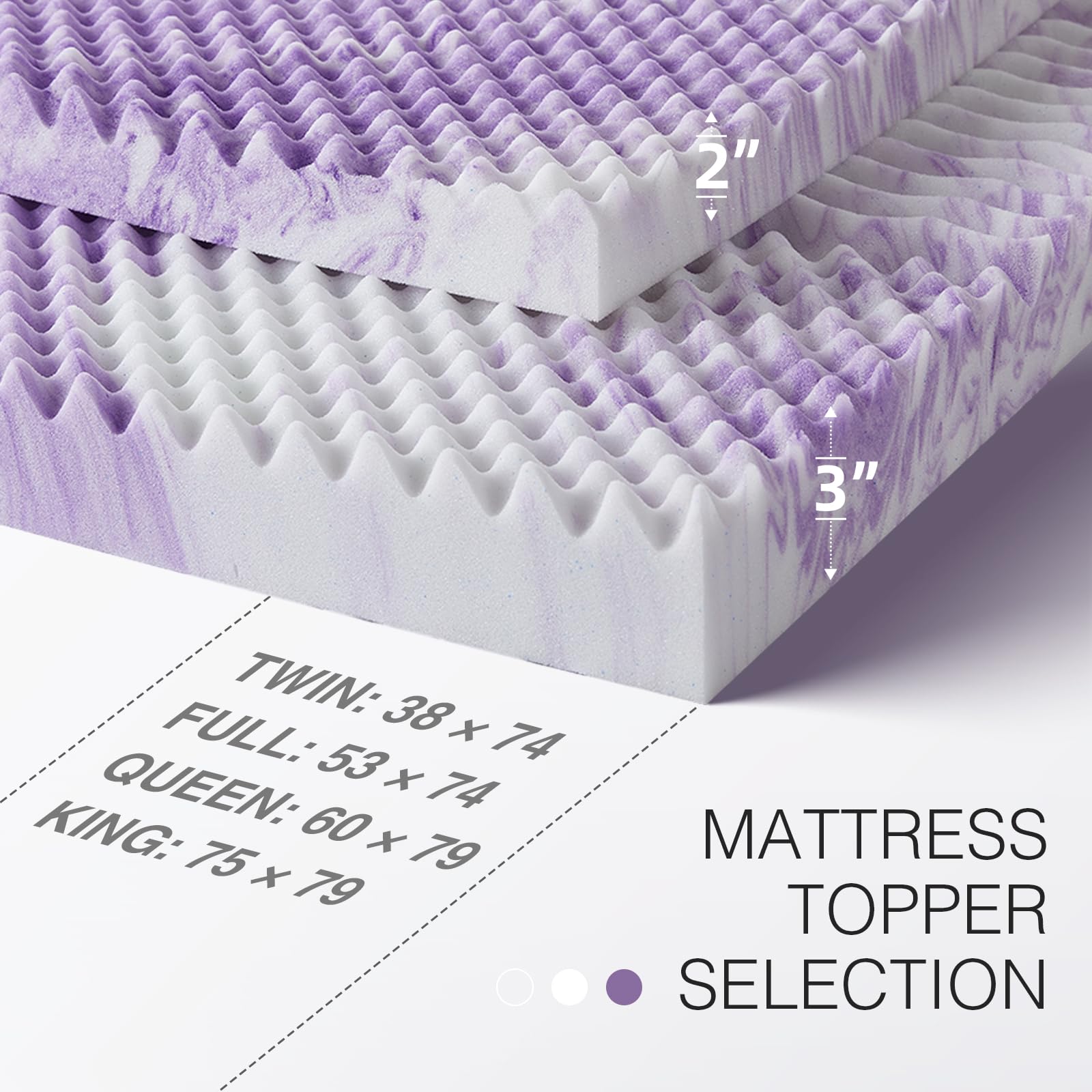 Orcalic 3 Inch Memory Foam Mattress Topper 5-Zone Soft Mattress Pad Pressure Relieve Bed Topper, CertiPUR Certified, Queen Size, Purple