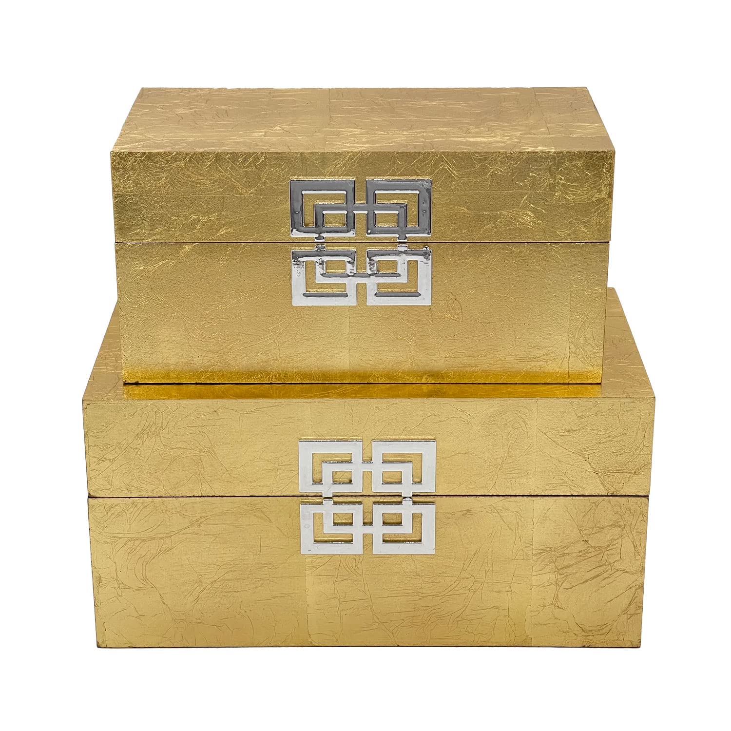 Galt International Storage Box Set Decorative Storage Box w/Hinged Lid Classic Design Wood Decor Boxes with Geometric Clasp Storage for Bedroom & Home - Set of 2 (Black & Gold)