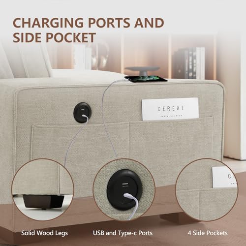 ASHOMELI 99β Convertible Sectional Sofa,L Shaped Couch,Multi-functional Reversible Sofa with USB and Type-C Charging Ports, Storage Space, Breathable Fabric (Beige)