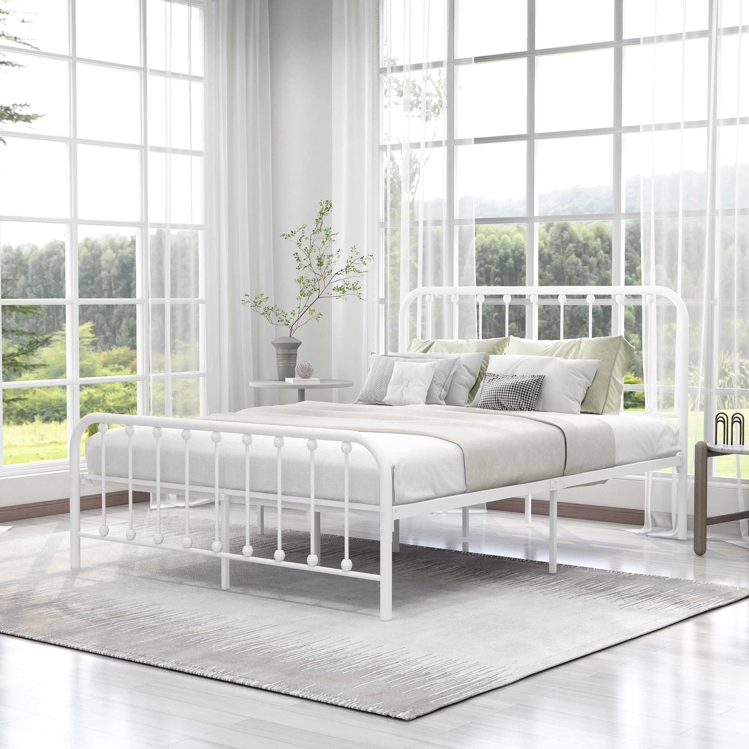 alazyhome Queen Size Metal Platform Bed Frame with Headboard and Footboard Sturdy Heavy Duty Steel Slat Support No Box Spring Needed Easy Assembly White