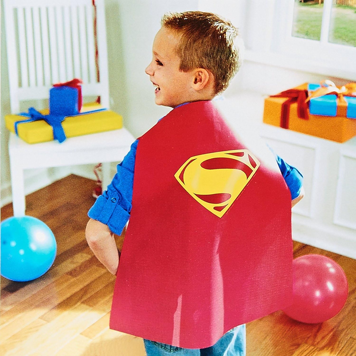 Superman Birthday Party Supplies Bundle includes Plates, Cups, Napkins, Table Cover, Invitations, Thank You Notes, Cape, Hanging Decoration, Centerpiece, Tattoo
