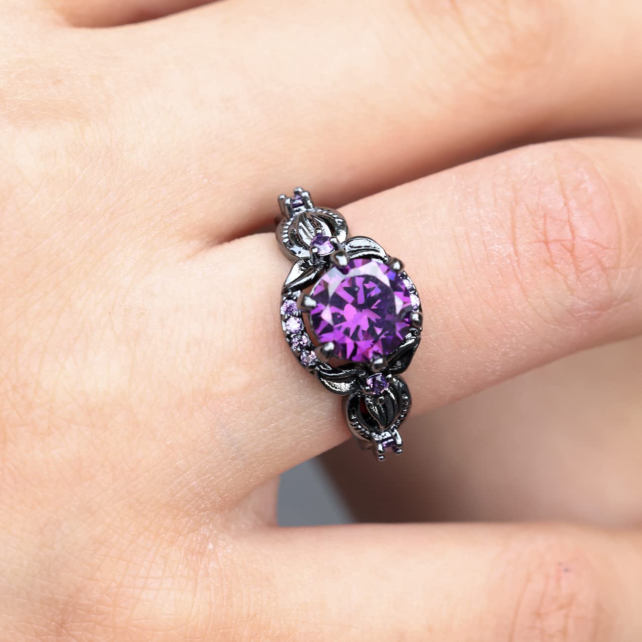 Black Gothic Rings for Women, Goth Created Amethyst Unique Black Gold Wedding Engagement Ring Jewelry Gifts Size 5 6 7 8 9 (Created Amethyst, 8)