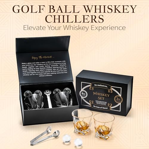 Aridon - Whiskey Set, 2-Piece Whiskey Glasses Set with 4 Whiskey Balls, Premium Twisted Whiskey Glass with Stones, Whiskey Stones Large Size, 1.57β Crystal-Clear Glass Whiskey Sphere Stone