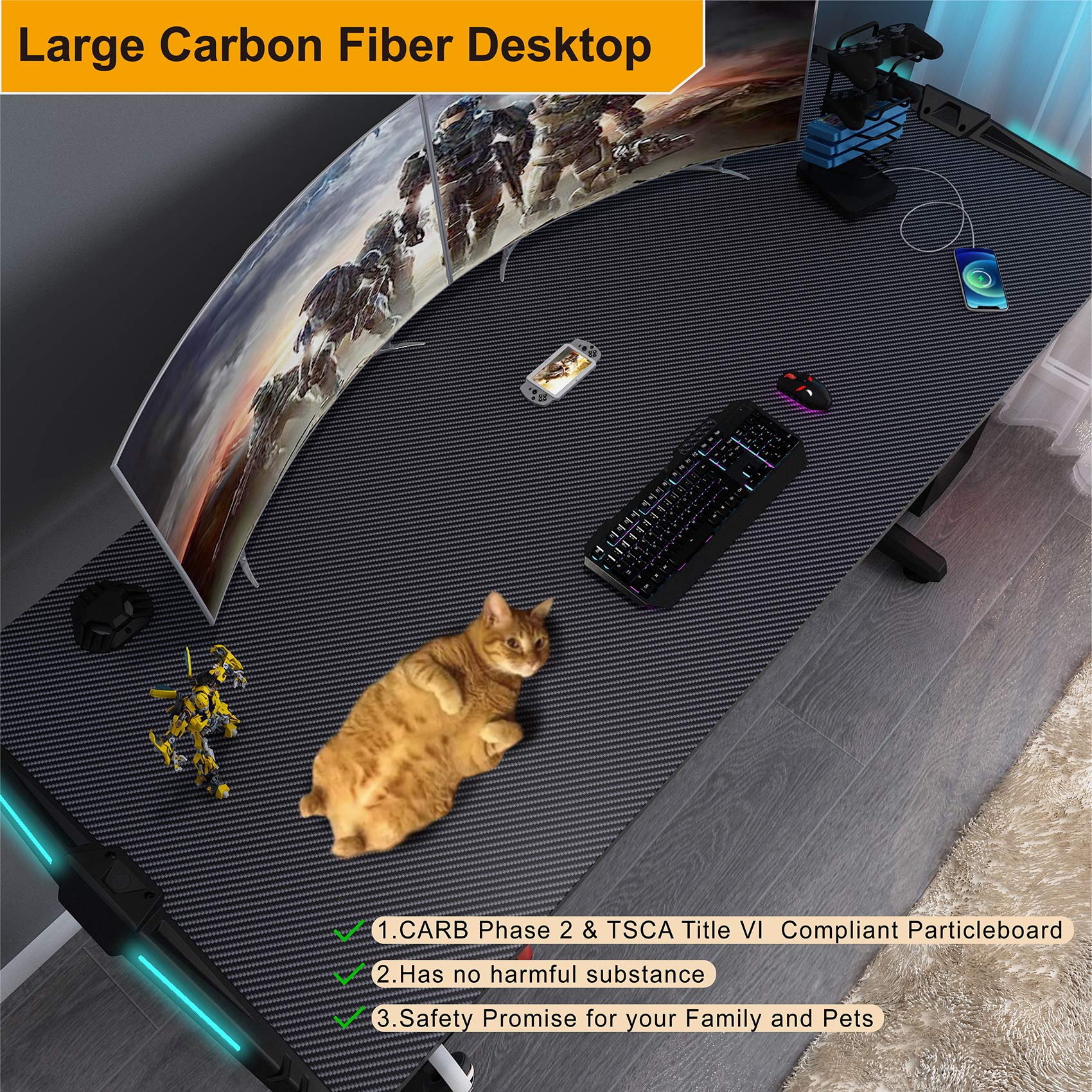 DESIGNA 55 Inch Gaming Desk with Led Lights, RGB Large Gaming Computer Desk with Free Mouse Pad,PC Gaming Table Gamer Desk Workstation with USB Handle Rack, Cup Holder,Headphone Hook, Black