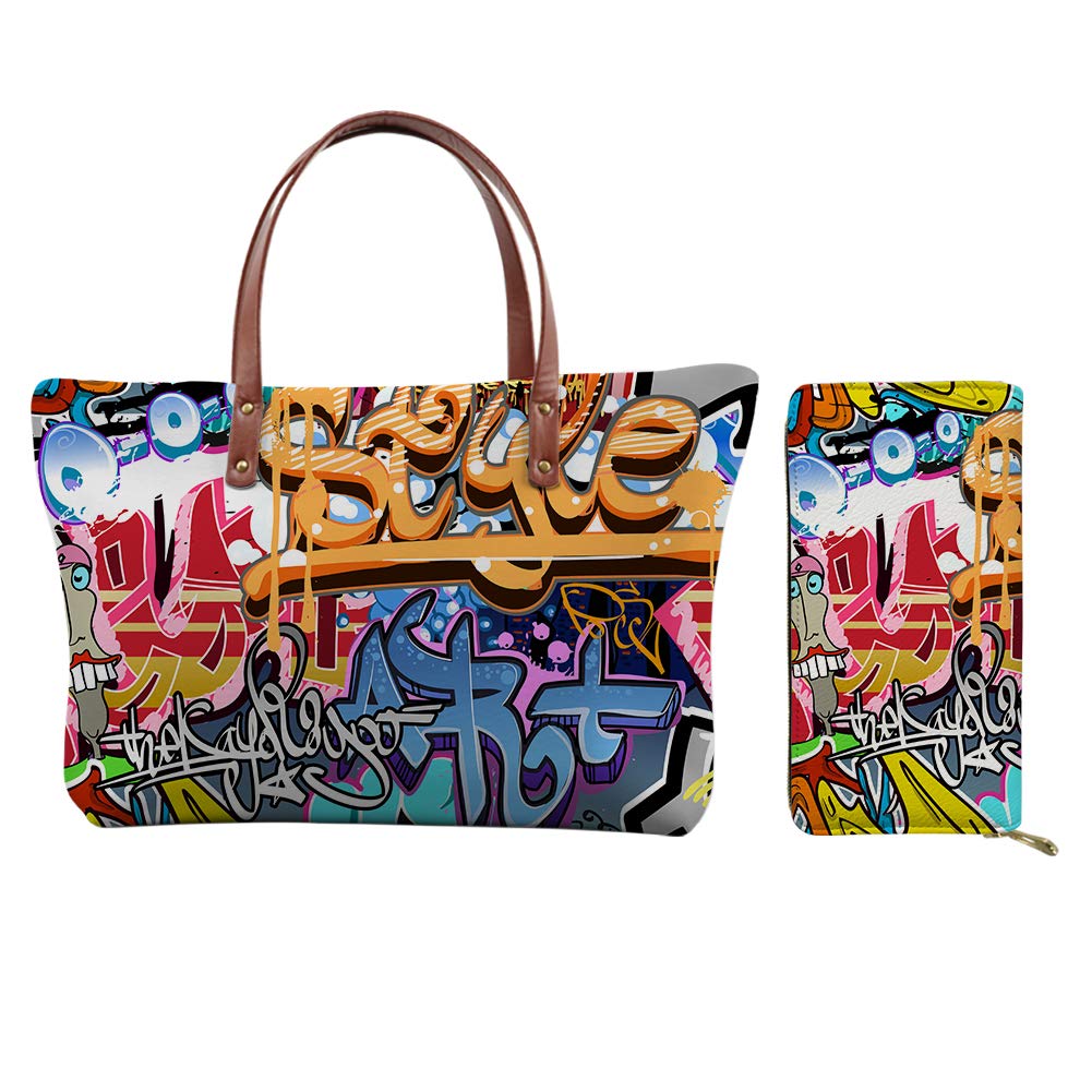 JEOCODY Art Graffiti Tote Bag Shoulder Handbag for Women Girls Travel Long PU Leather Wallet Purse ID Card Holder Coin Pouch for Travel Party Gift