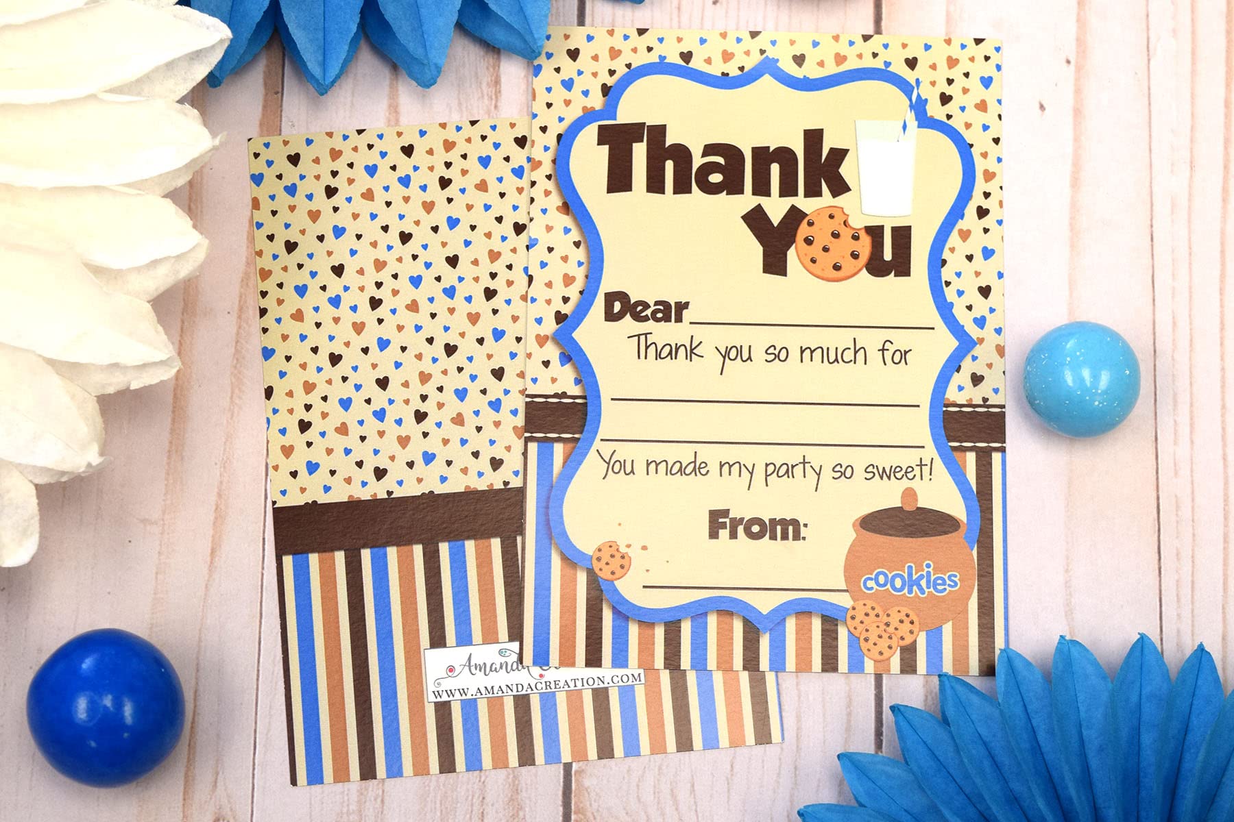 Milk & Cookies Blue & Brown Birthday Thank You Notes, Ten 4" x 5.5" Fill In The Blank Cards with 10 White Envelopes by AmandaCreation