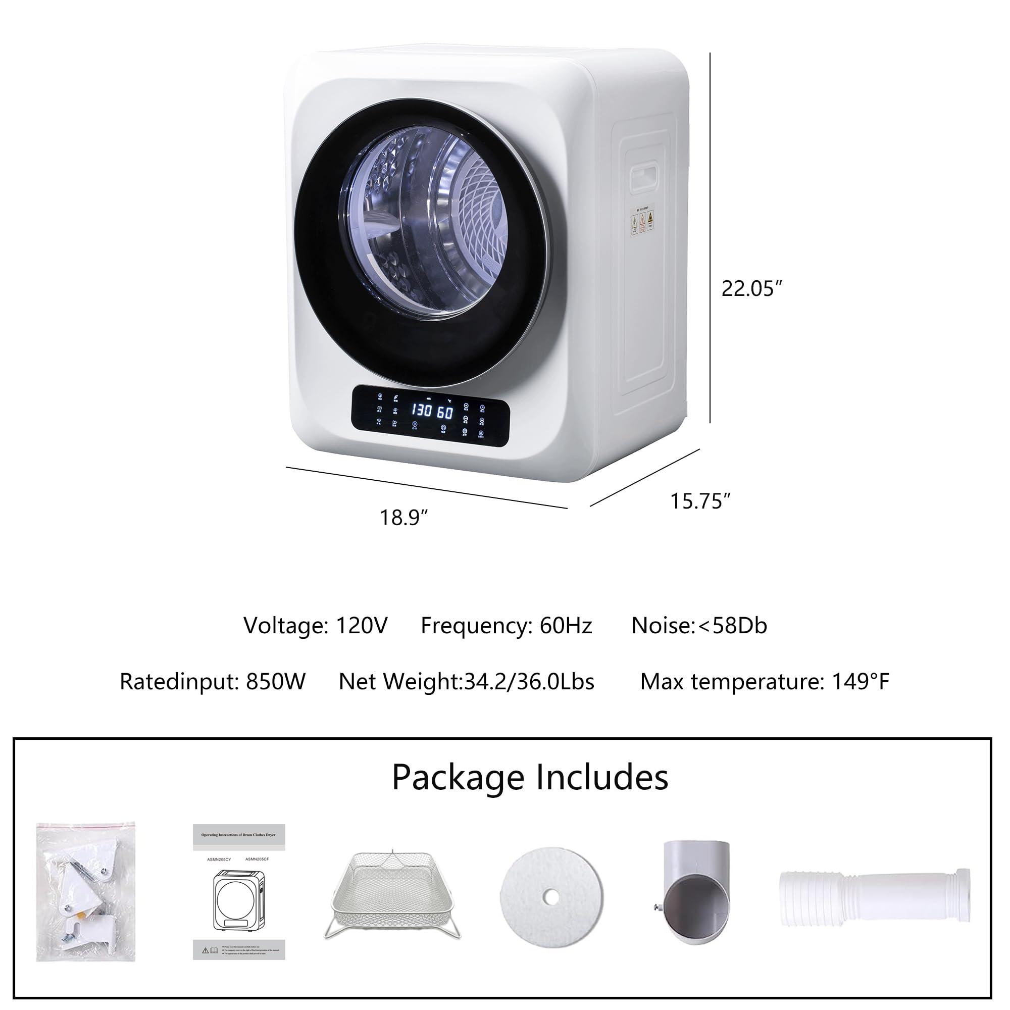 Compact Laundry Dryer,Portable Automatic Drying temperature system Dryer Machine,110v 850w for Small Spaces white