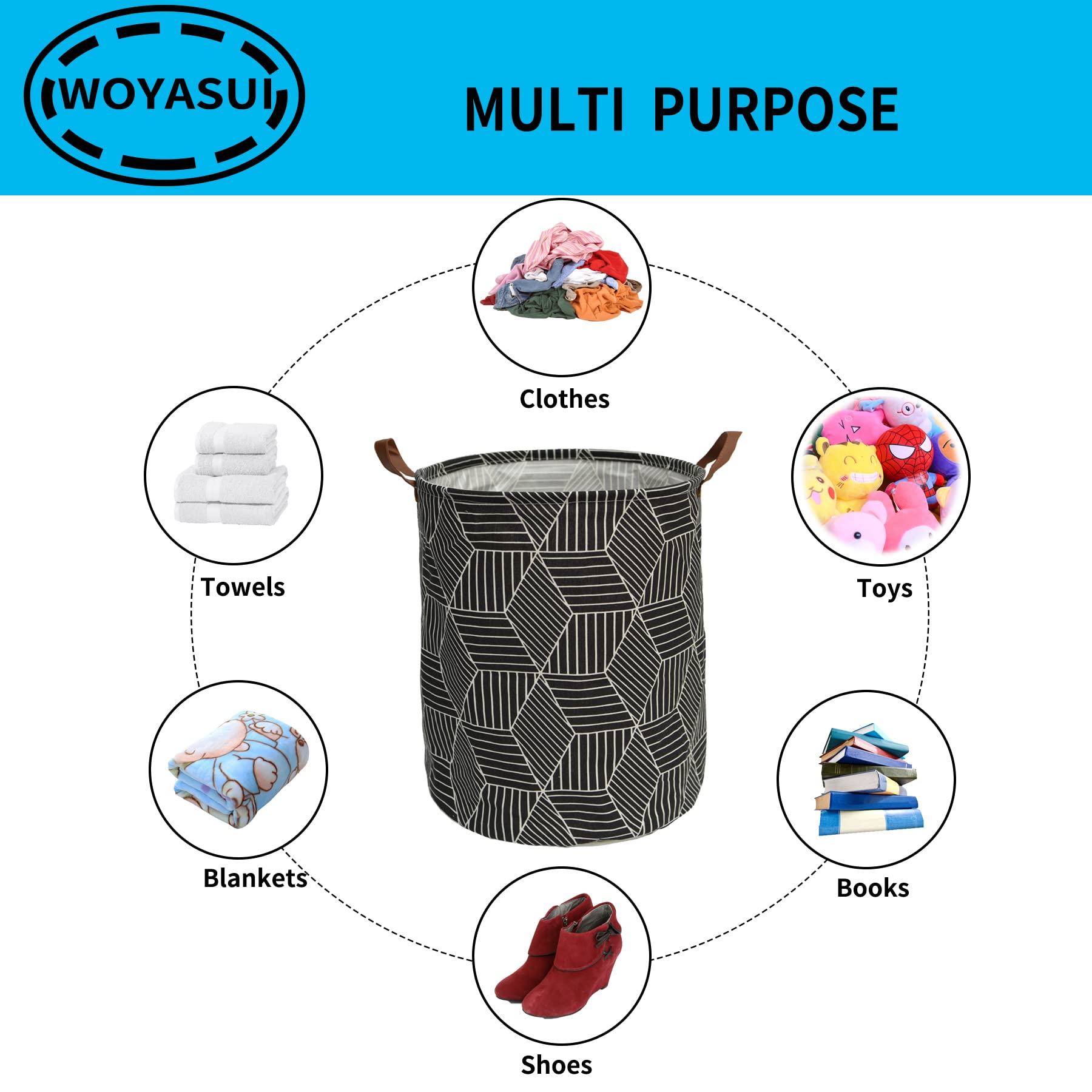 Collapsible Round Storage Bin - WOYASUI Large Laundry Hamper Waterproof Organizer with Handles/Home Decor/Toy Books Holder Clothes Nursery Basket(2 PACKS,Black Geometric & Lucky Clouds)