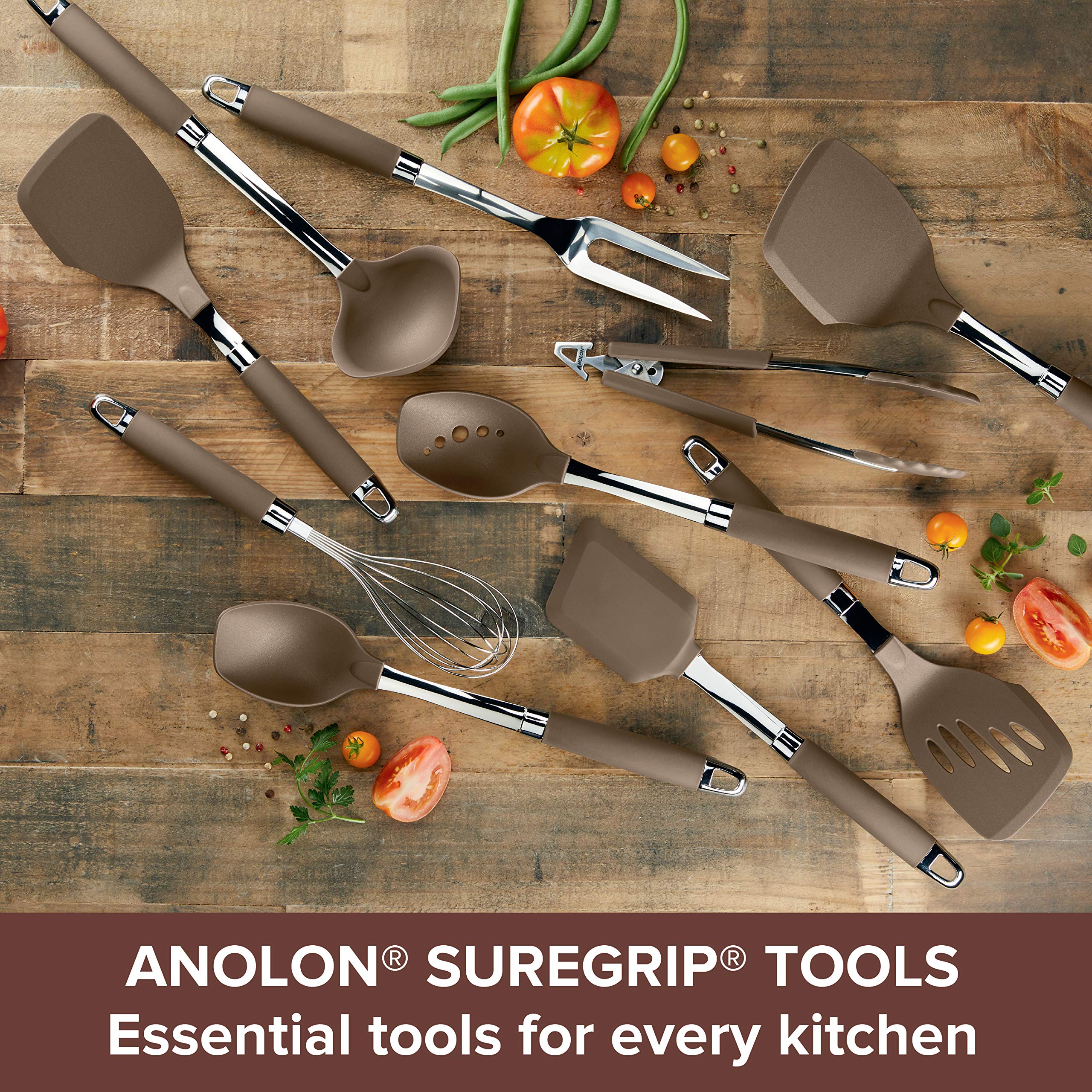 Anolon Tools Set/Nonstick Nylon Cooking Utensils/Kitchen Gadgets Includes Spoons, Turners, Ladle, Meat Fork, Whisk, and Locking Tongs, 10 Piece, Bronze