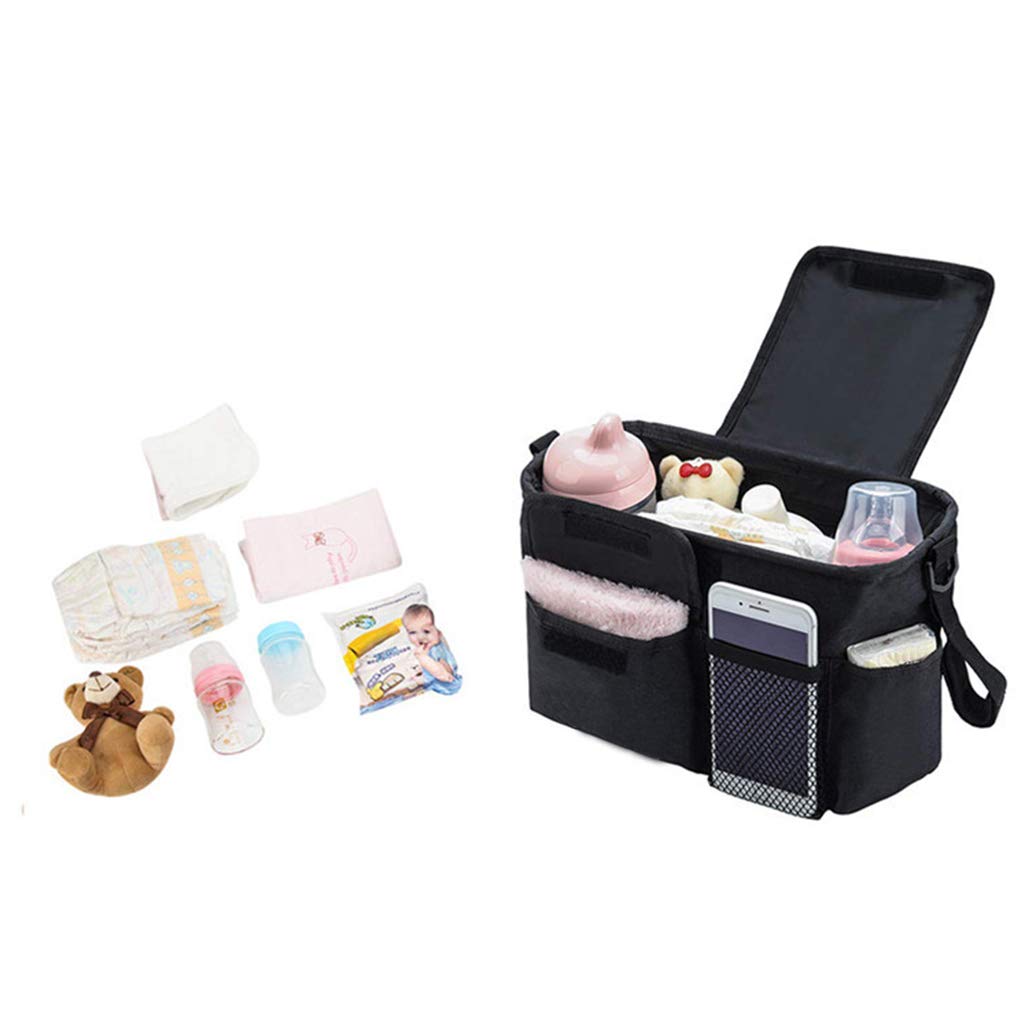 Baby Stroller Organizer, Universal Stroller Storage Bag with Insulated Cup Holders - Detachable Shoulder Strap, Stroller Accessory for Smart Moms,Compact Design Fit All Strollers(Black)