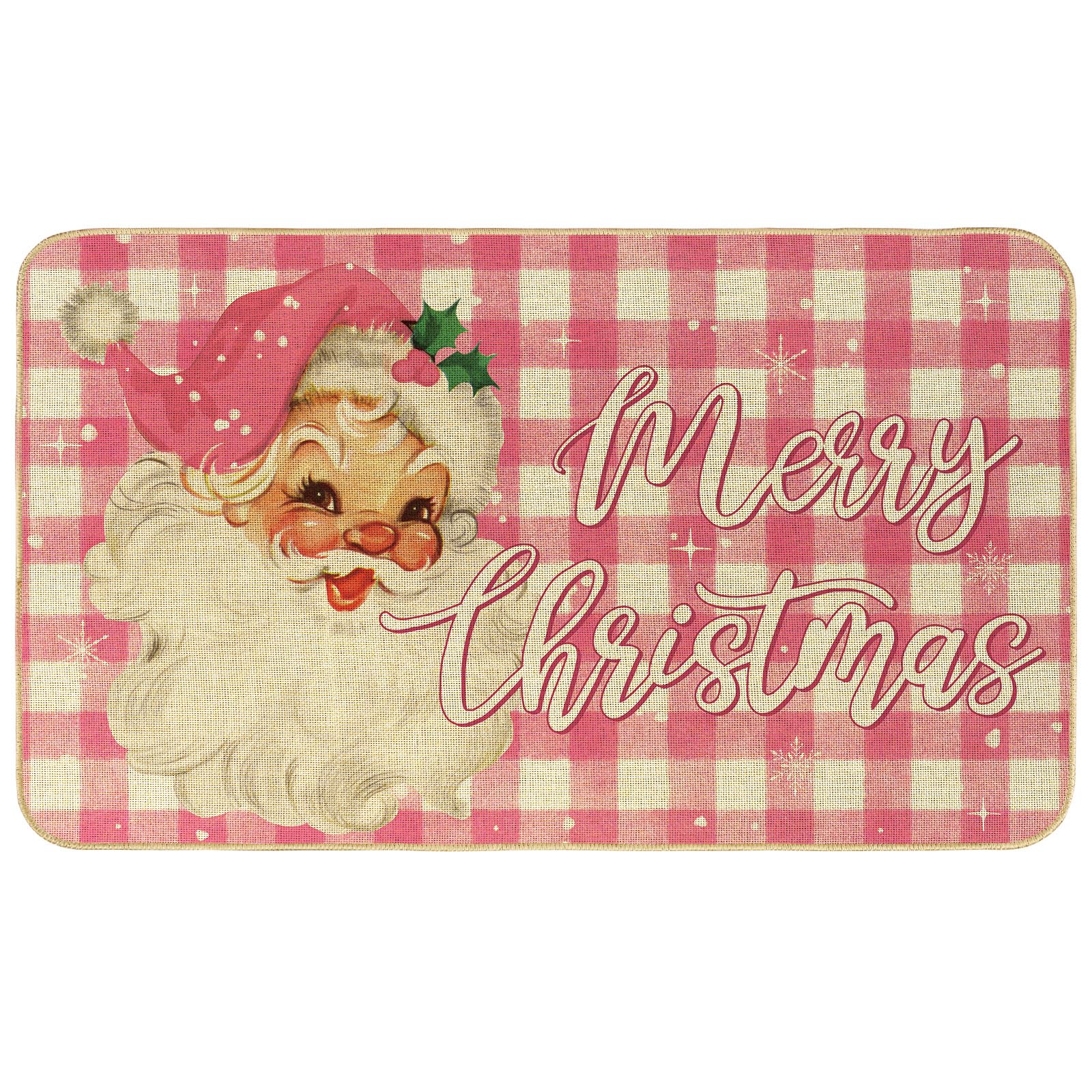AnyDesign Merry Christmas Outdoor Doormat Pink Santa Claus Floor Mat Plaid Non-Slip Decorative Entrance Door Rugs for Xmas Home Front Door Bathroom Porch, 17 x 29 Inch
