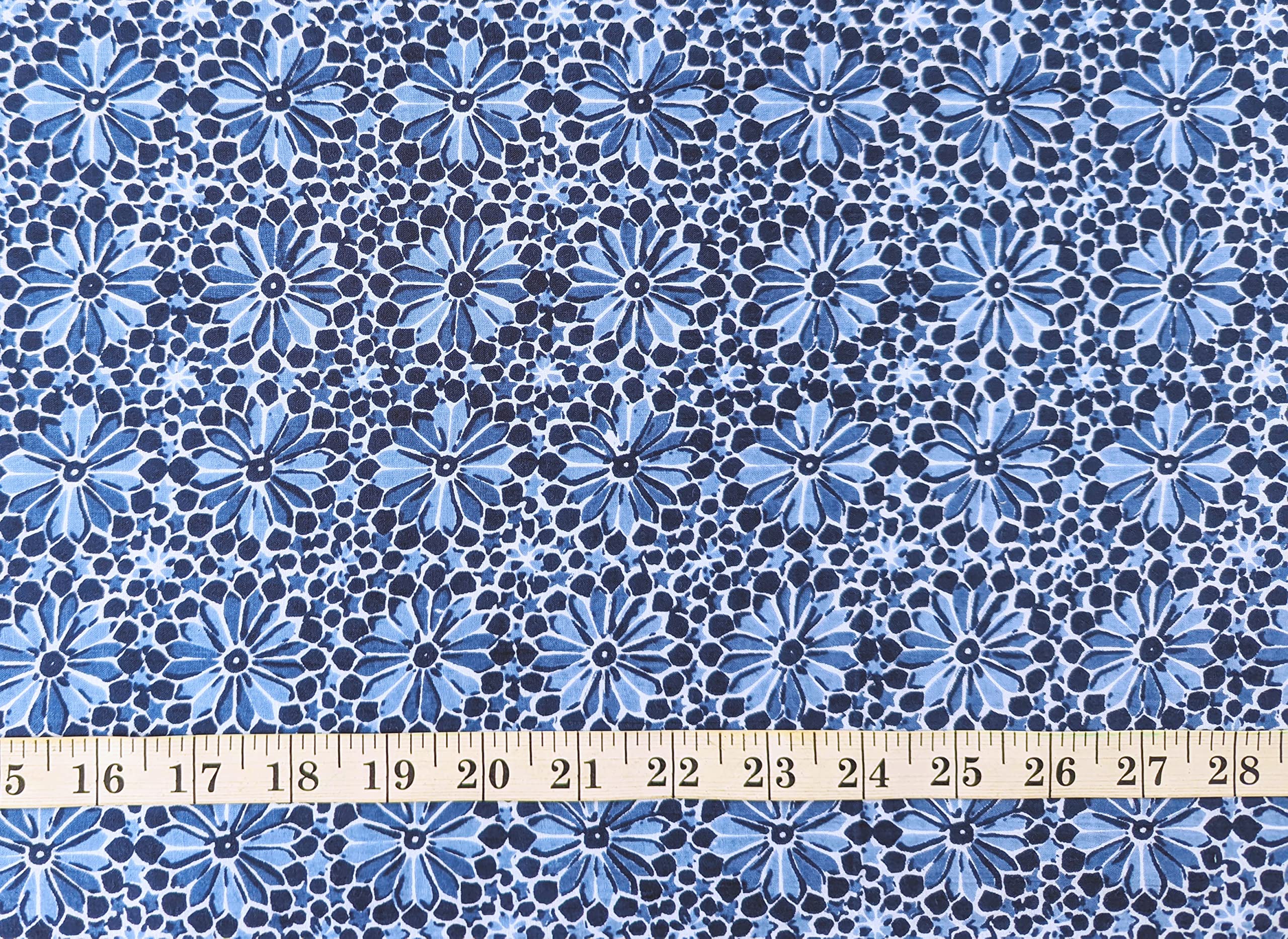 AVKA Studio Hand Block Print Fabric by The Yard - PRECUT 3 Yard 42 Inch Width - 100% Cotton Material - Indigo Blue & White Floral Pattern - Light Weight Indian Cloth for Making Summer Dress Project