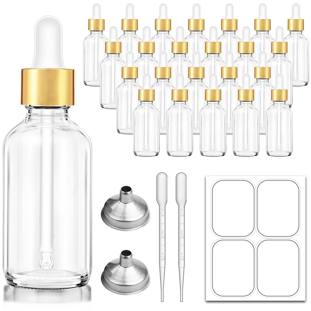 Bumobum 2 oz Dropper Bottle, 24 pack Clear Glass Eye Dropper Bottles with Golden Top Cap for Essential Oils, Tincture Bottle with Labels and Funnel