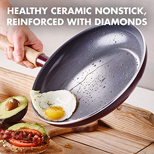 GreenPan Hudson Healthy Ceramic Nonstick, 8 Piece Cookware Pots and Pans Set, Vintage Wood Inspired Handle, PFAS-Free, Dishwasher Safe, Merlot Red