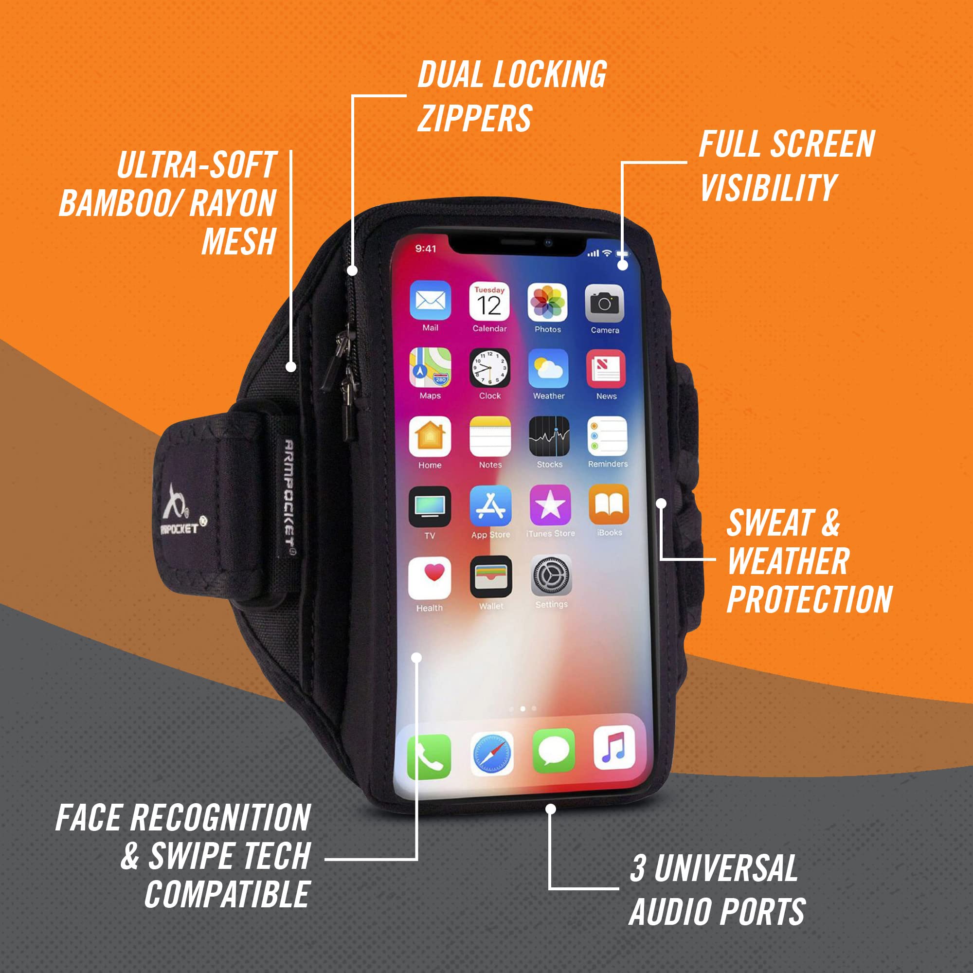 Armpocket X Plus Arm Band, Cell Phone Holder for Walking, Running Arm Bands for Cell Phone w/Case, for iPhone 14 Series, Galaxy S21 Ultra, Pixel 7 Pro, & Devices Up to 6.5 Inches, Black Medium Strap