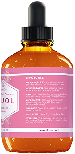 Leven Rose Emu Oil, 100% Pure Natural Hair Strengthener Anti Aging Skin Moisturizer 4 oz