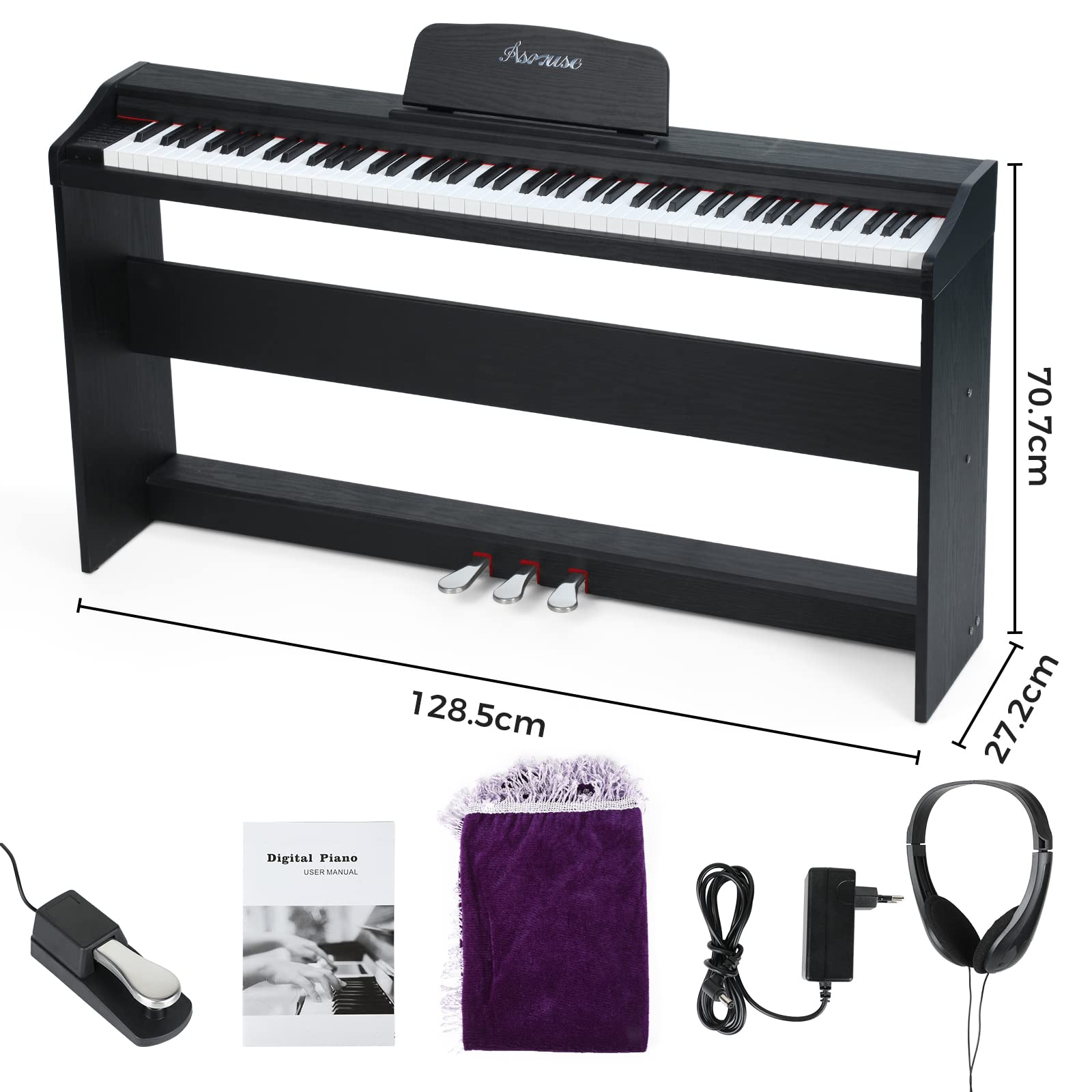 Asmuse 88 Key Digital Piano, Full Size Semi Weighted Electric Piano Keyboard With Furniture Stand/Triple Pedals/Power Supply