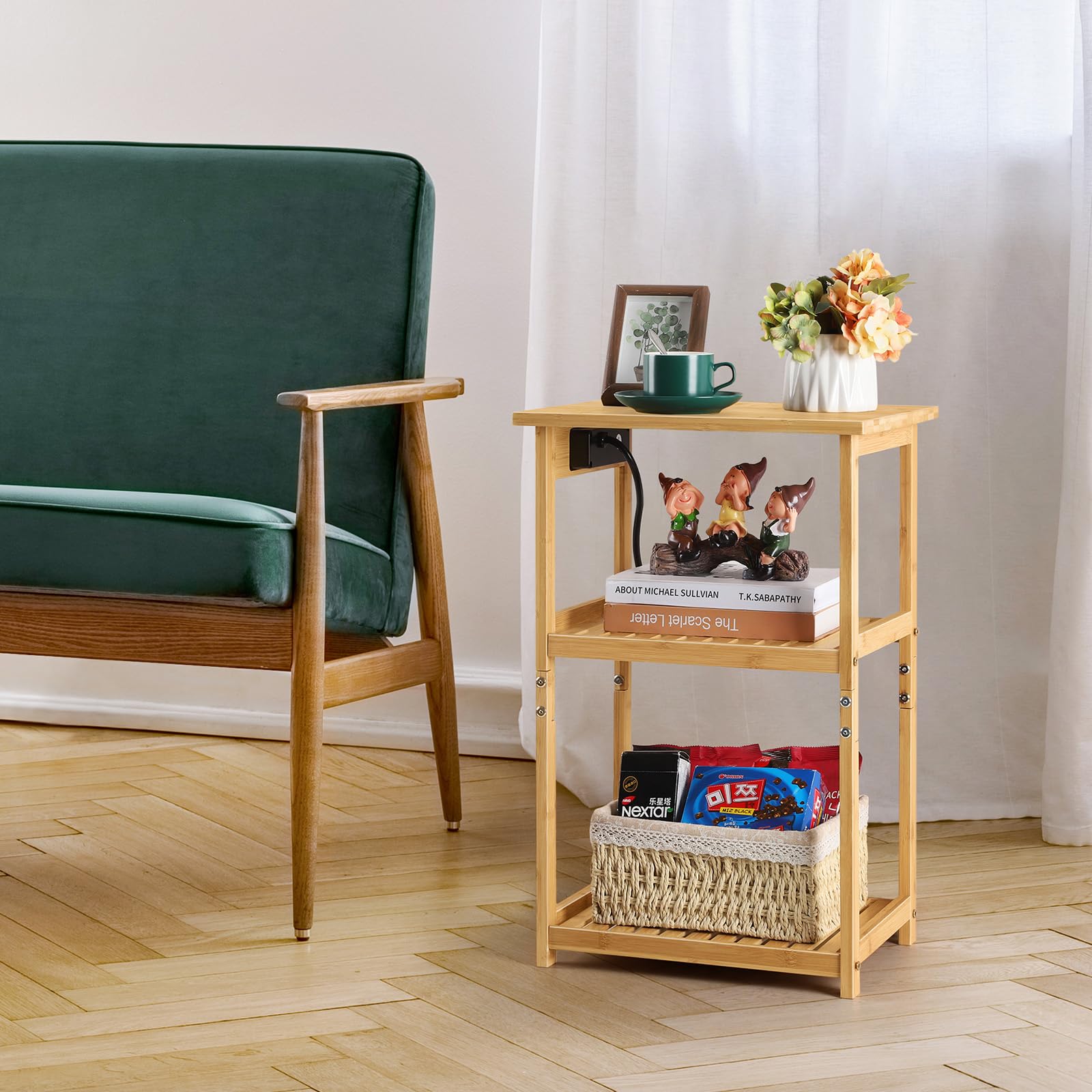 Bamboo End Table, 3 Tier End Table Side Table with Storage Shelf, Nightstand with Charging Station, Small Bedside Table with USB Ports and Outlets for Bedroom Sofa Office, 3 Tier Side Table