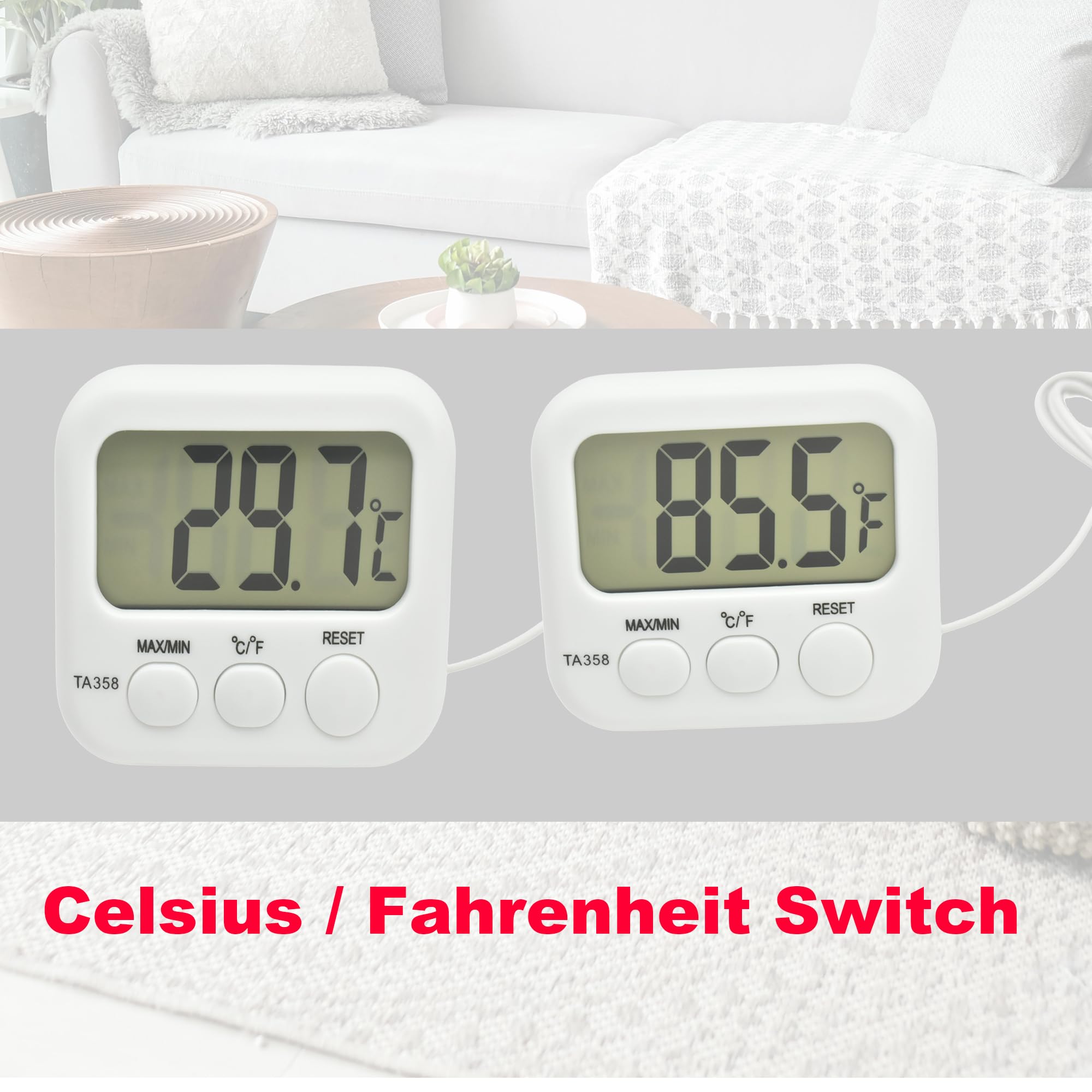 Bytiyar Small Digital Thermometer TA358 Celsius/Fahrenheit Temperature Indoor/Outdoor Meter Gauge with 5ft/1.5M Probe Sensor