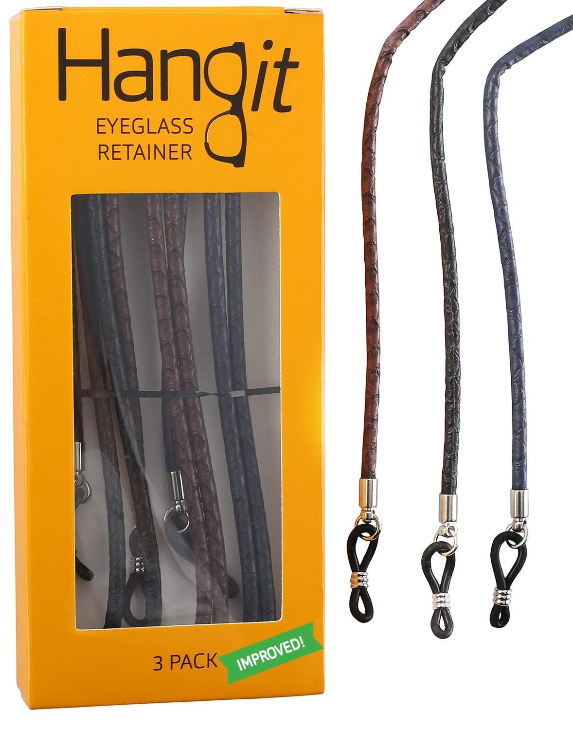 Avitron HANGIT, Elegant Eyeglass, Sunglass Strap-Chain-Retainer, Sports Band, 3 Pack (blue black brown - PU Leather For Men Women By HANGIT