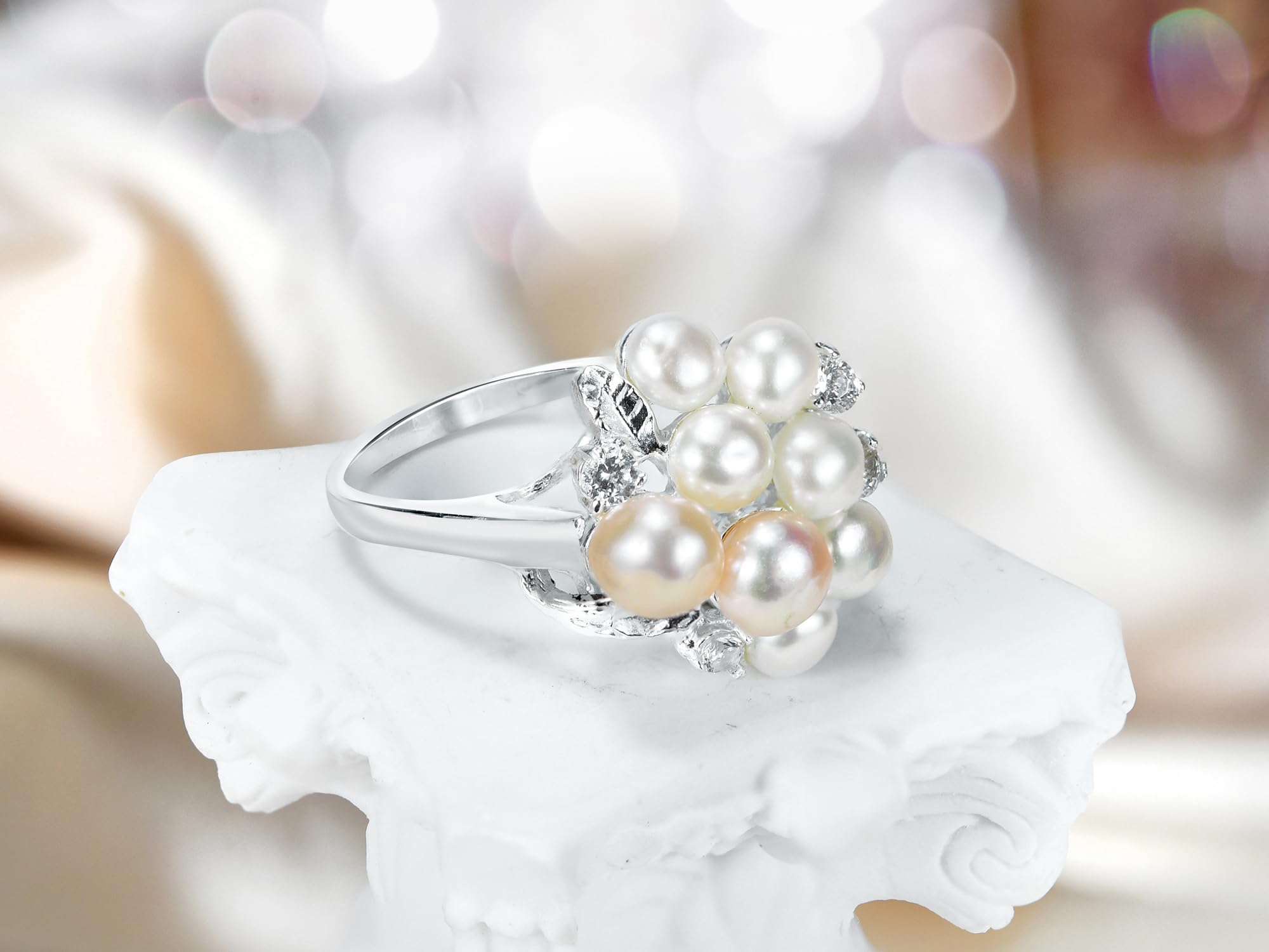 AeraVida Cluster White-Pink Cultured Freshwater Pearl Grape Cubic Zirconia .925 Sterling Silver Ring (7)