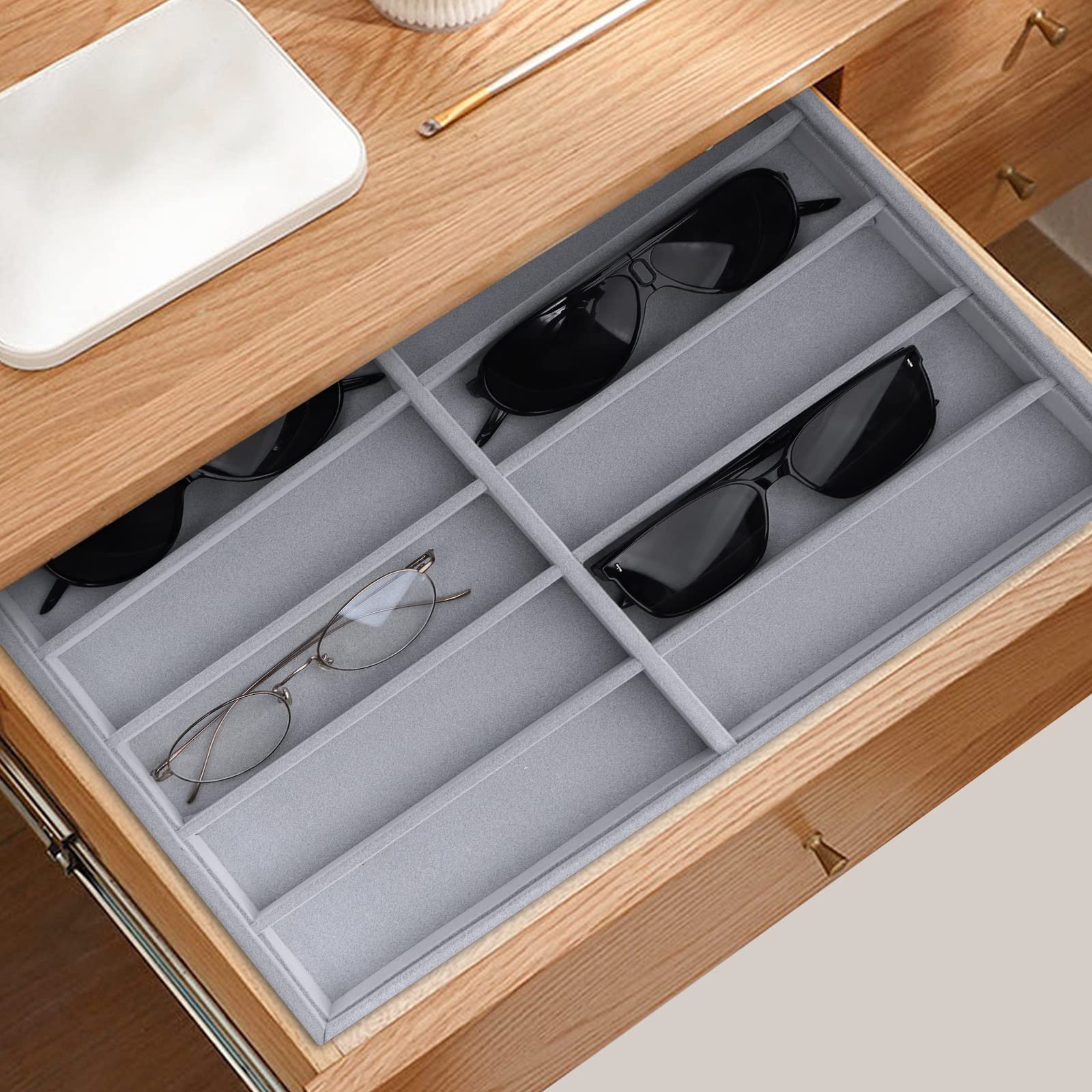 ATROPOS 2 Pieces 10 Grids Sunglasses Organizer Velvet Gray Sunglasses Display Tray Eyeglass Storage Case for Home (Gray)