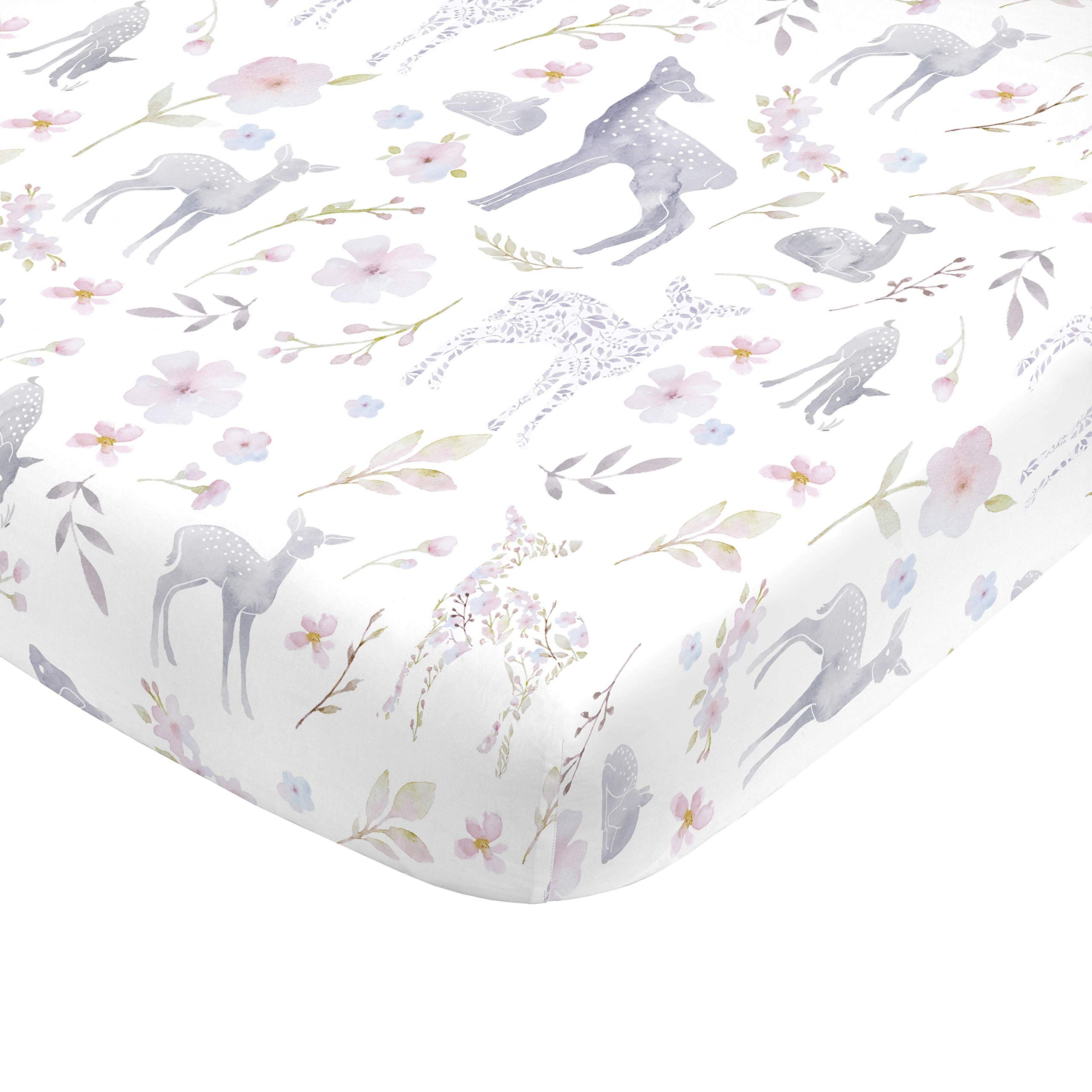 NoJo Super Soft Floral Deer Nursery Mini Crib Fitted Sheet, Grey, Light Blue, Pink, White 24x38 Inch (Pack of 1)