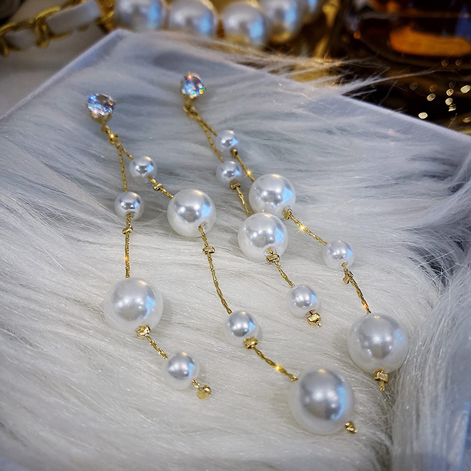 Aradio long pearl earrings Gold Long Tassel Pearl Earrings for Women 925 Sterling Silver needle Simulated Shell Pearl Earrings White Pearl Dangle Earrings Hypoallergenic Drop Pearl Earrings Dangle.