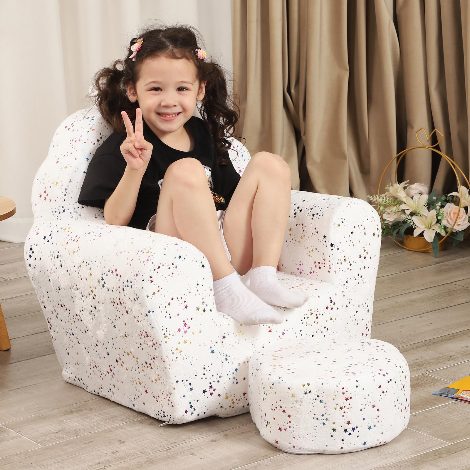 MOMCAYWEX Kids Sofa with Ottoman, Shell-Like Sofa for Boys and Girls, White with Shinny