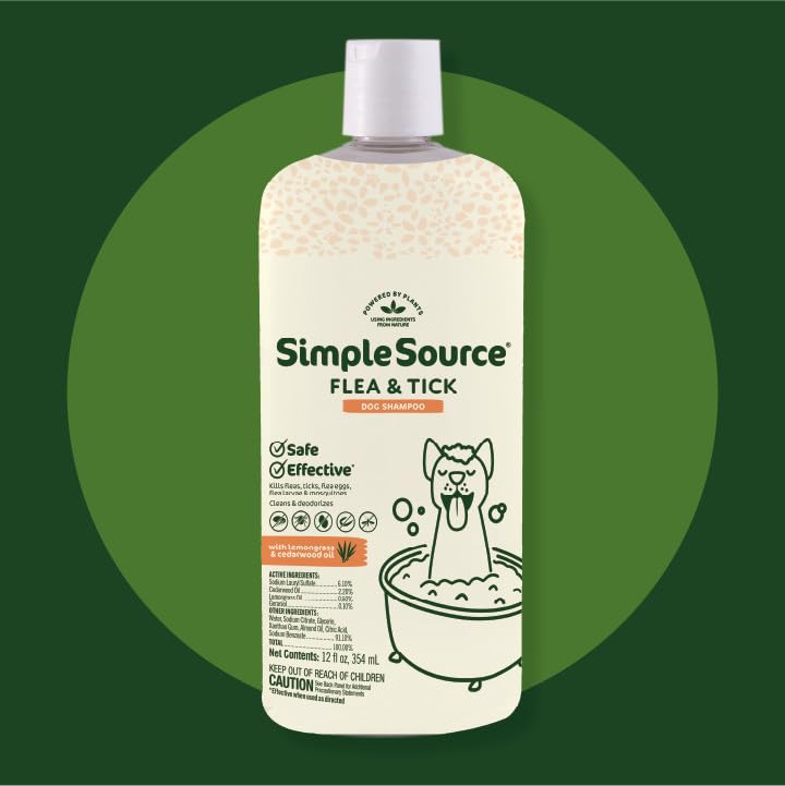 SimpleSourceĀ® Flea & Tick Shampoo for Dogs, Powered by Plants, Kills Fleas, Flea Eggs, Flea Larvae, & Ticks, & Mosquitos, Cleans & Deodorizes, 12oz Bottle