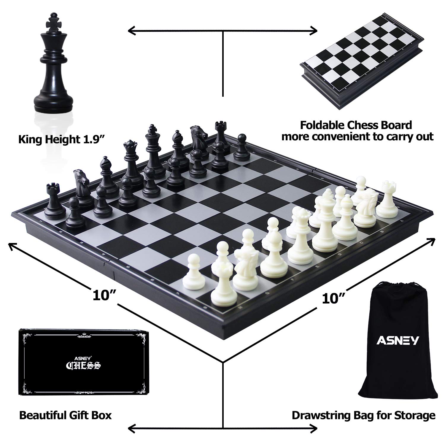 ASNEY Magnetic Travel Chess Set with Folding Chess Board Educational Toys for Kids and Adults, Carry Bag for Chess Game Board (Board Size 10 Inches)