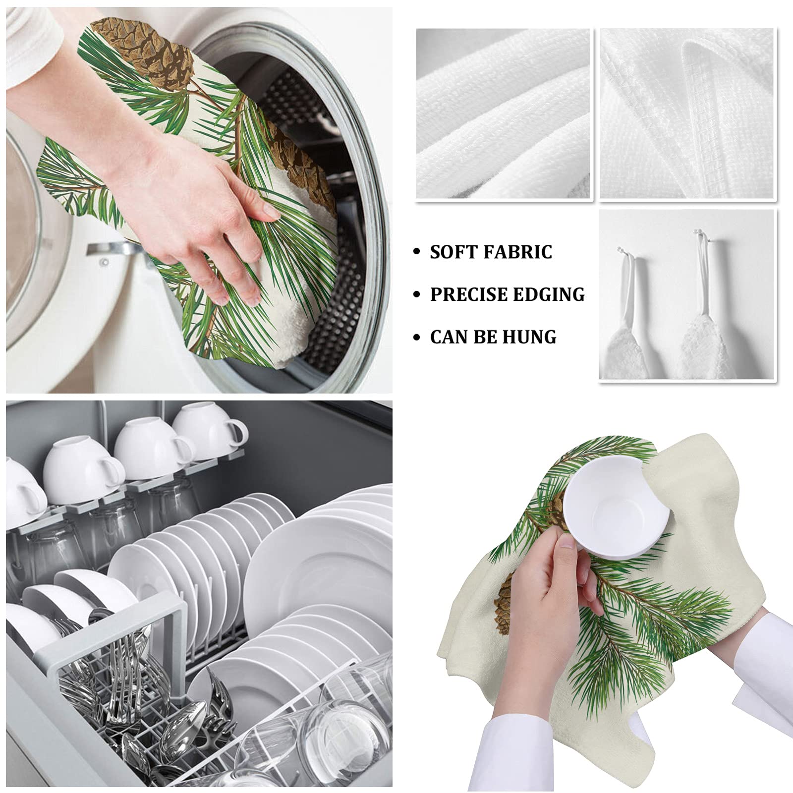applebless Christmas Tree Pine Cone Kitchen Dish Towels Set of 2, Absorbent Dishcloths Soft Hand Towels Green Brown Tea Towels/Bar Towels Cleaning Cloths for Kitchen/Bathroom 18x28inch