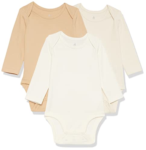 Amazon Essentials Unisex Babies' Cotton Stretch Jersey Long Sleeve Bodysuit (Previously Amazon Aware), Pack of 3, Light Beige/Light Tan/White, 24 Months