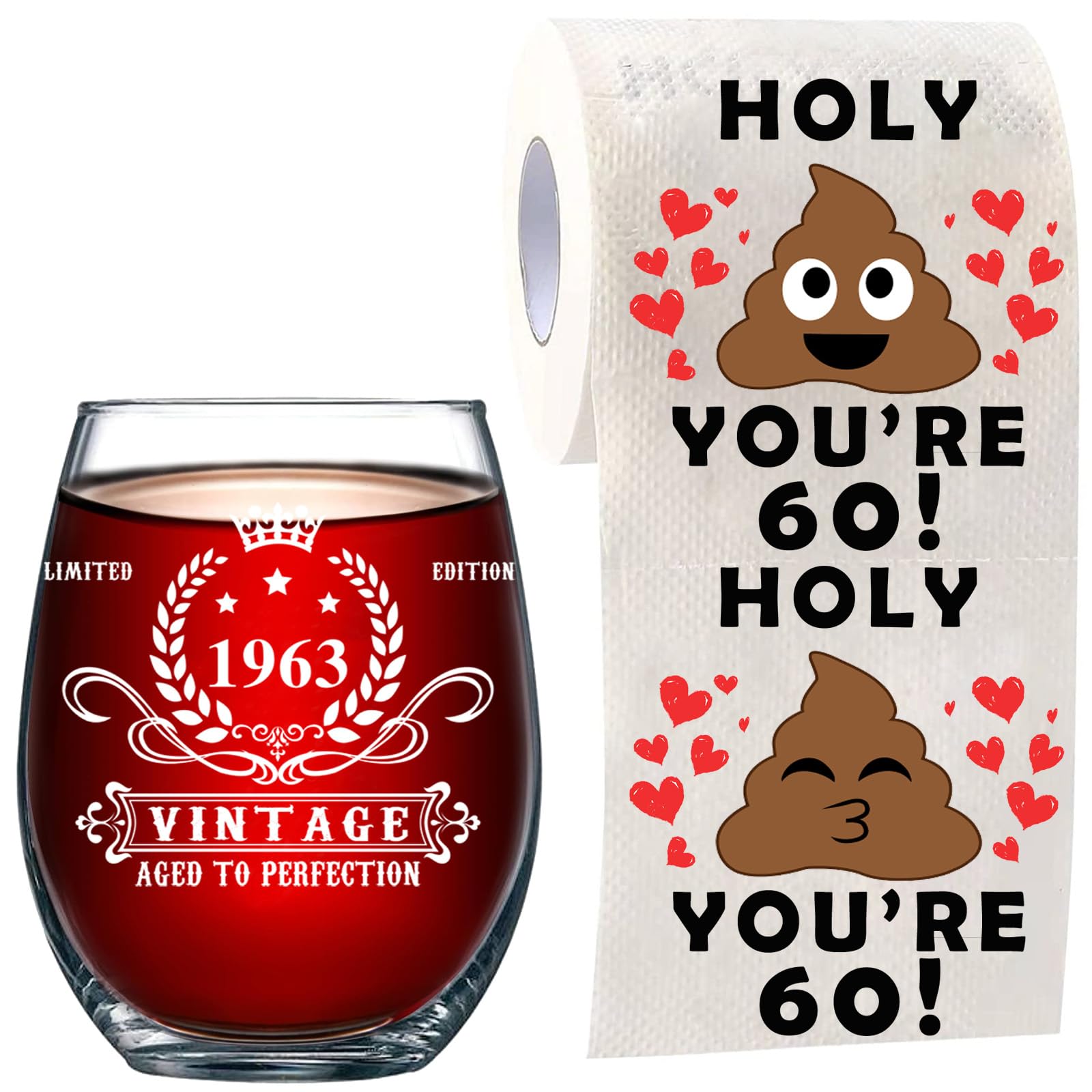 Asija 60th Birthday Gifts for Women Men,2 PCS 60th Birthday Gift Set,1963 Wine Glass&60th Birthday Toilet Paper,60th Birthday to Perfection gifts for Mom,Wife,Friend,Boss 60th Birthday G ifts Set