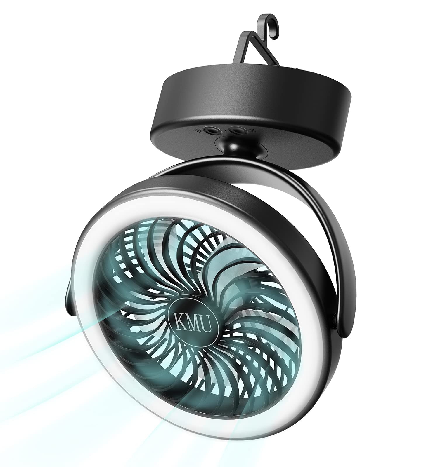 KMU Camping Fan with LED Lights 6000mAh Rechargeable Battery Operated Fan, Portable Personal Small Desk Fan, Tent Fan with Retractable Hook for Camping, Fishing, Picnic, Bedroom, Home, Office...
