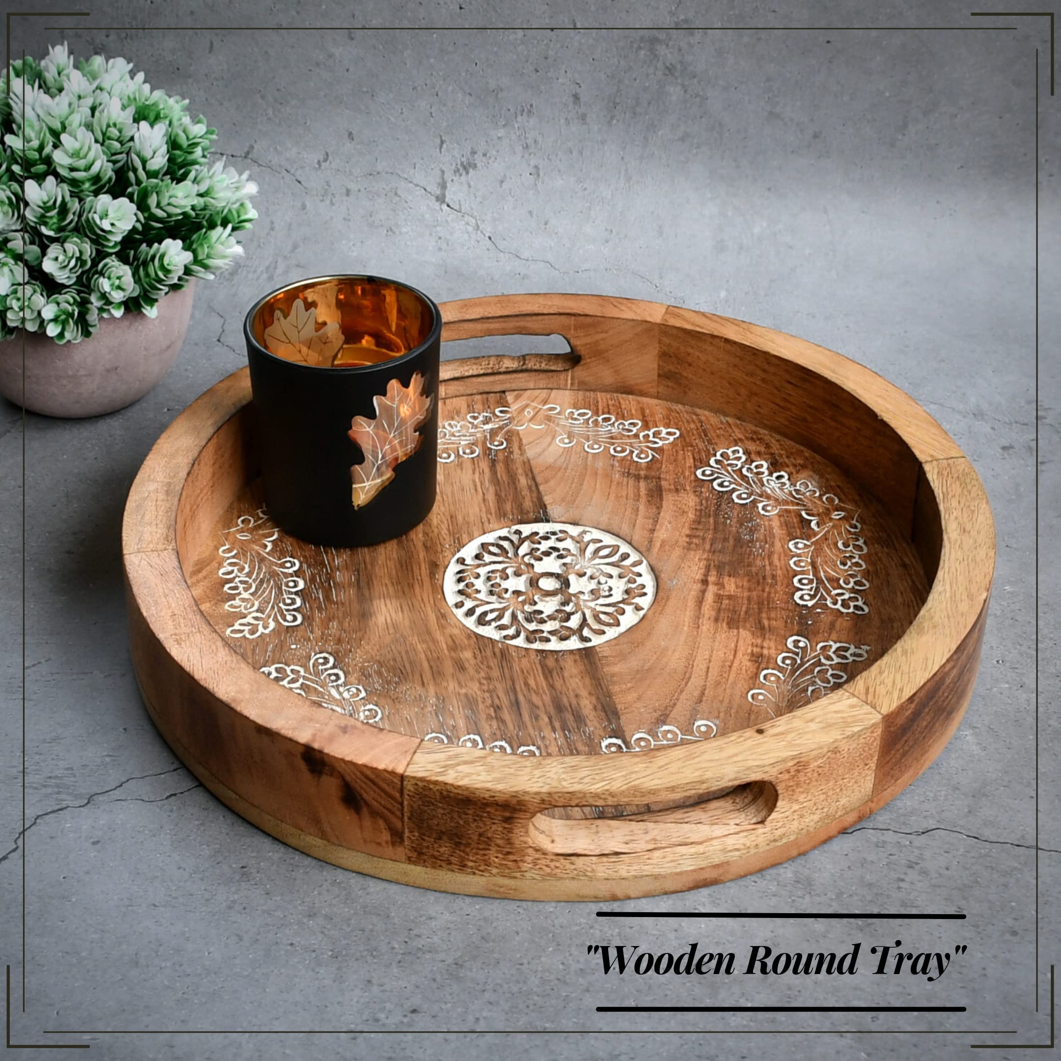 ARIJA Rustic Round Wooden Trays,Serving Tray with Handles - Food Serving Trays Ottoman Tray for Living Room- Rustic Home décor, Boho Décor Serving Tray Size 12 inch