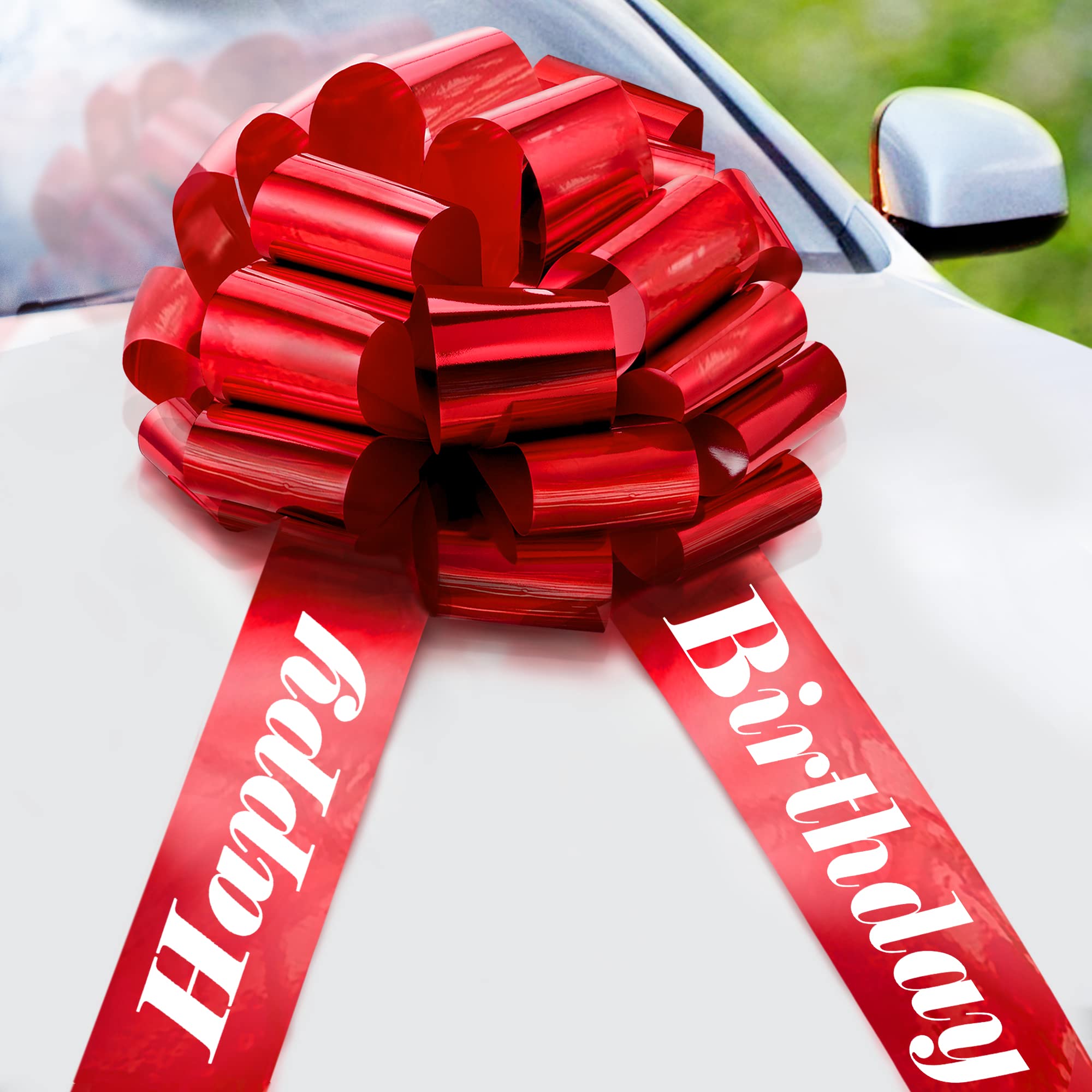 Claev Happy Birthday Big Car Bow (Metallic Red, Round, 18 inch), Shiny Bow for Giant Gifts, All-Weather Christmas Decoration
