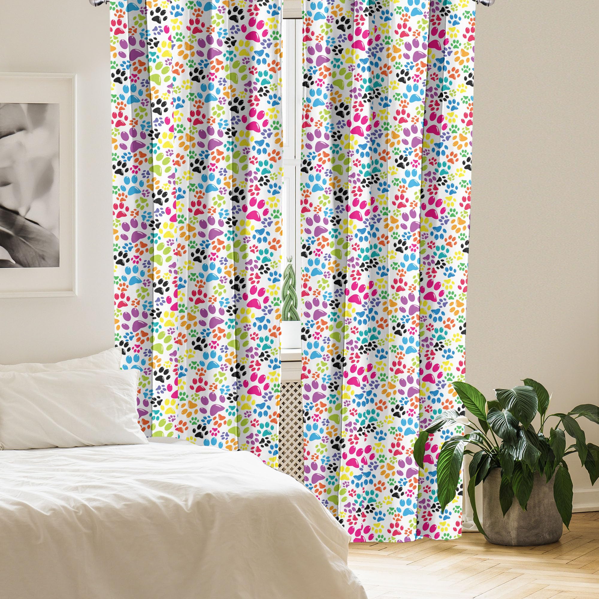 Ambesonne Dog Window Curtains, Colorful Little Paws Steps Art Cartoon Unusual Traces Design, Lightweight Decor 2-Panel Set with Rod Pocket, Pair of - 28" x 84", Purple Blue