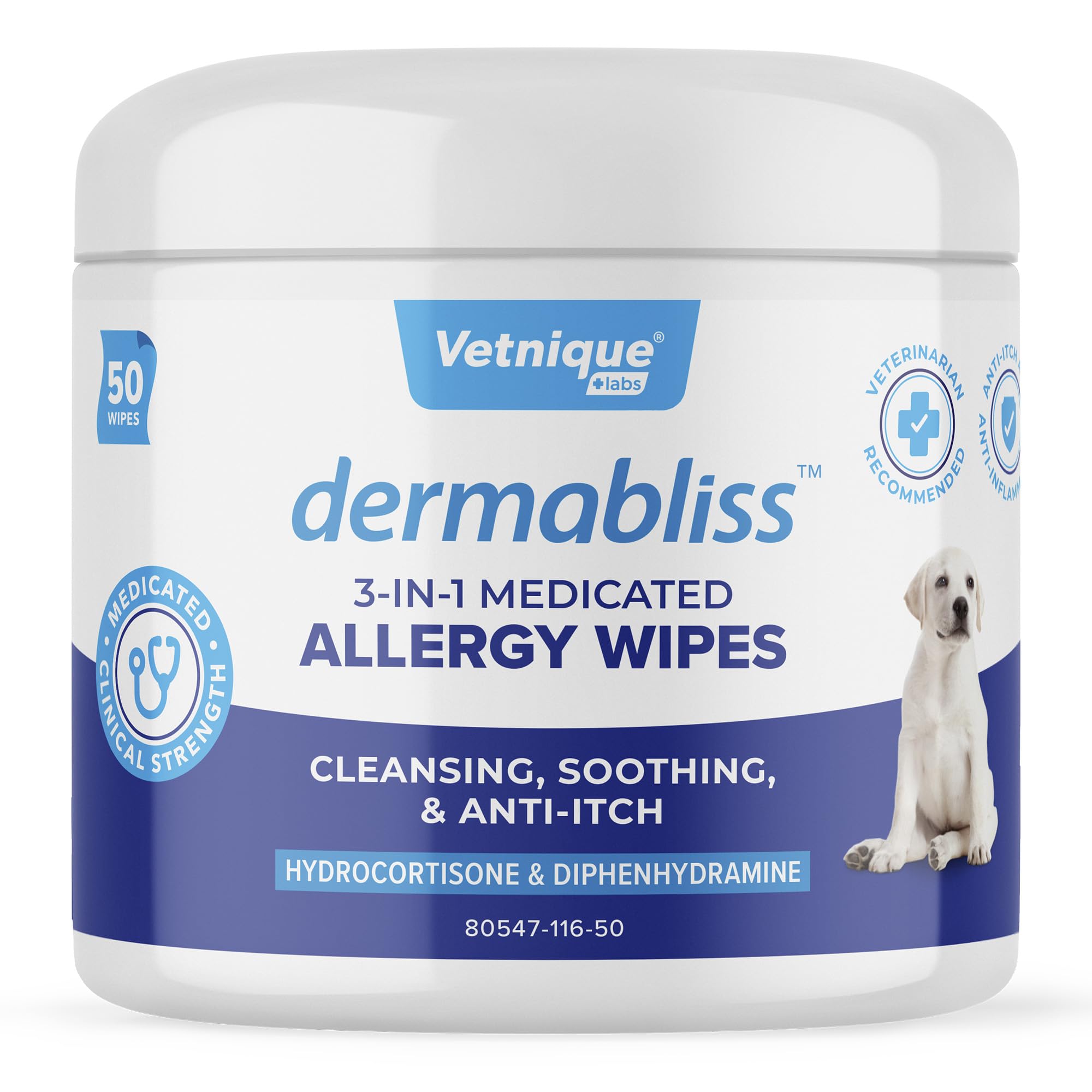 Vetnique Dermabliss 3-in-1 Medicated Dog Wipes - Relief for Itchy Skin, Allergies & Odor Control, Gentle No-Sting Formula, Antihistamine & Hydrocortisone Paw Wipes for Dogs & Cats 50ct