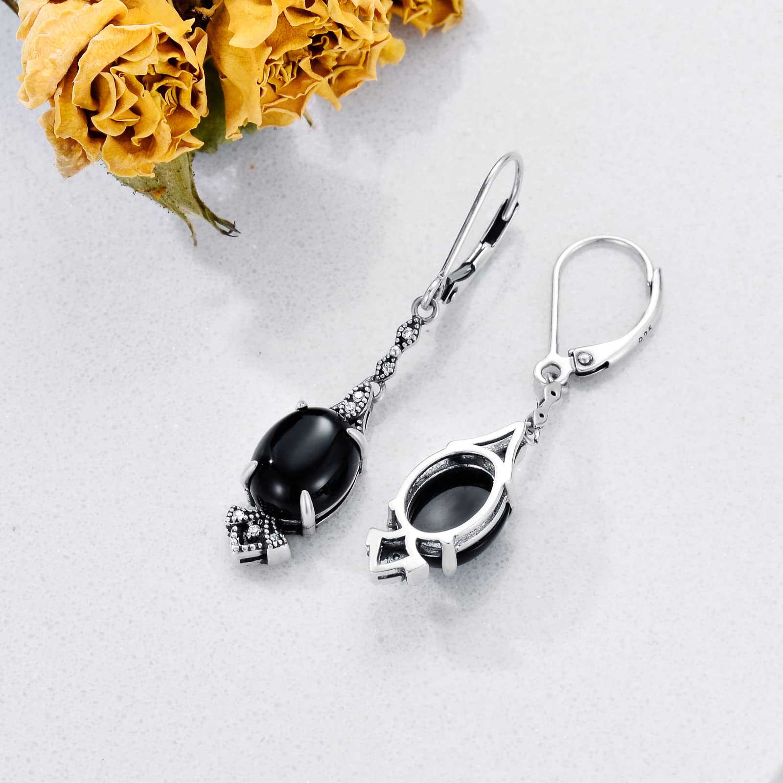 Black Onyx Earrings 925 Sterling Silver Gothic Vintage Oval 10mm Stone Dangle Drop Leverback Earrings for Women