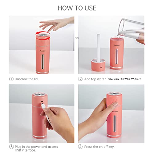 Cool Mini Humidifier Diffuser, Essential Oil Diffuser,USB Portable Desk Humidifier with 2 Mist Modes and 7-Color Lights,Waterless Auto Shut-off,for Car,Bedroom,Home,Office(Pink)