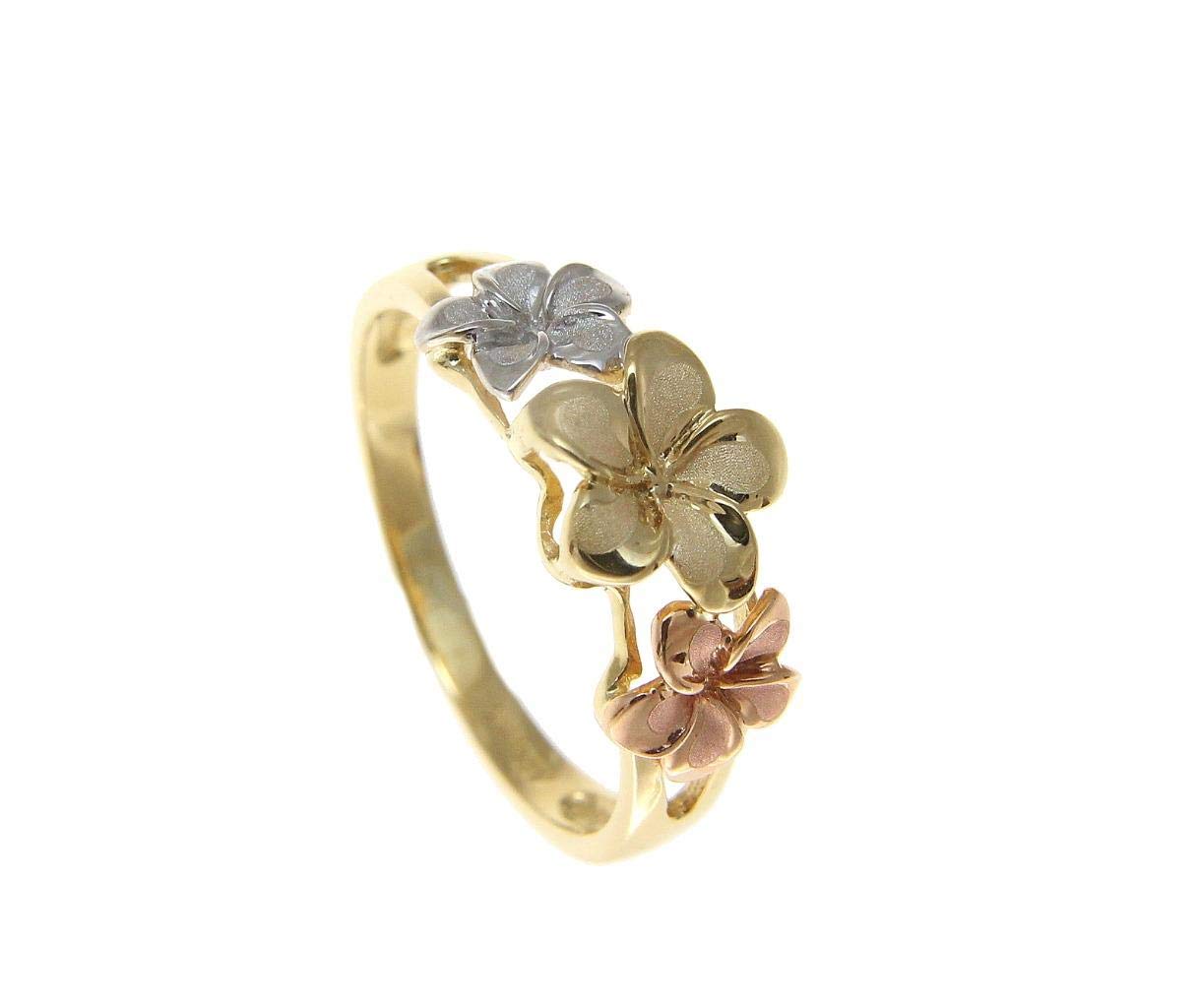 Arthur's Jewelry Solid 14k tricolor gold 6.5mm-8mm-6.5mm Hawaiian plumeria flower ring size 10