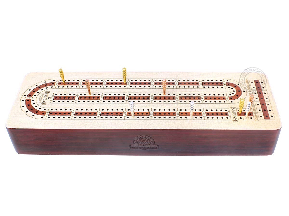 House of Cribbage Continuous Cribbage Board Alphabet e Shape Inlaid in Maple and Bloodwood with Storage Drawer for pegs and Cards - 3 Tracks