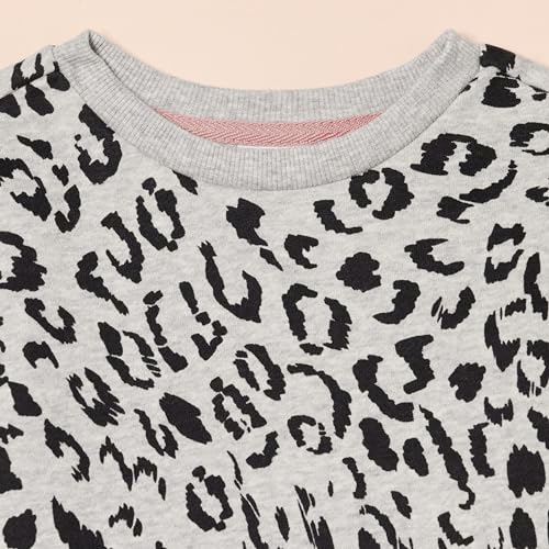 Amazon Essentials Girls' Fleece Crew-Neck Sweatshirts, Pack of 2, Black/Light Grey Heather Leopard, Medium
