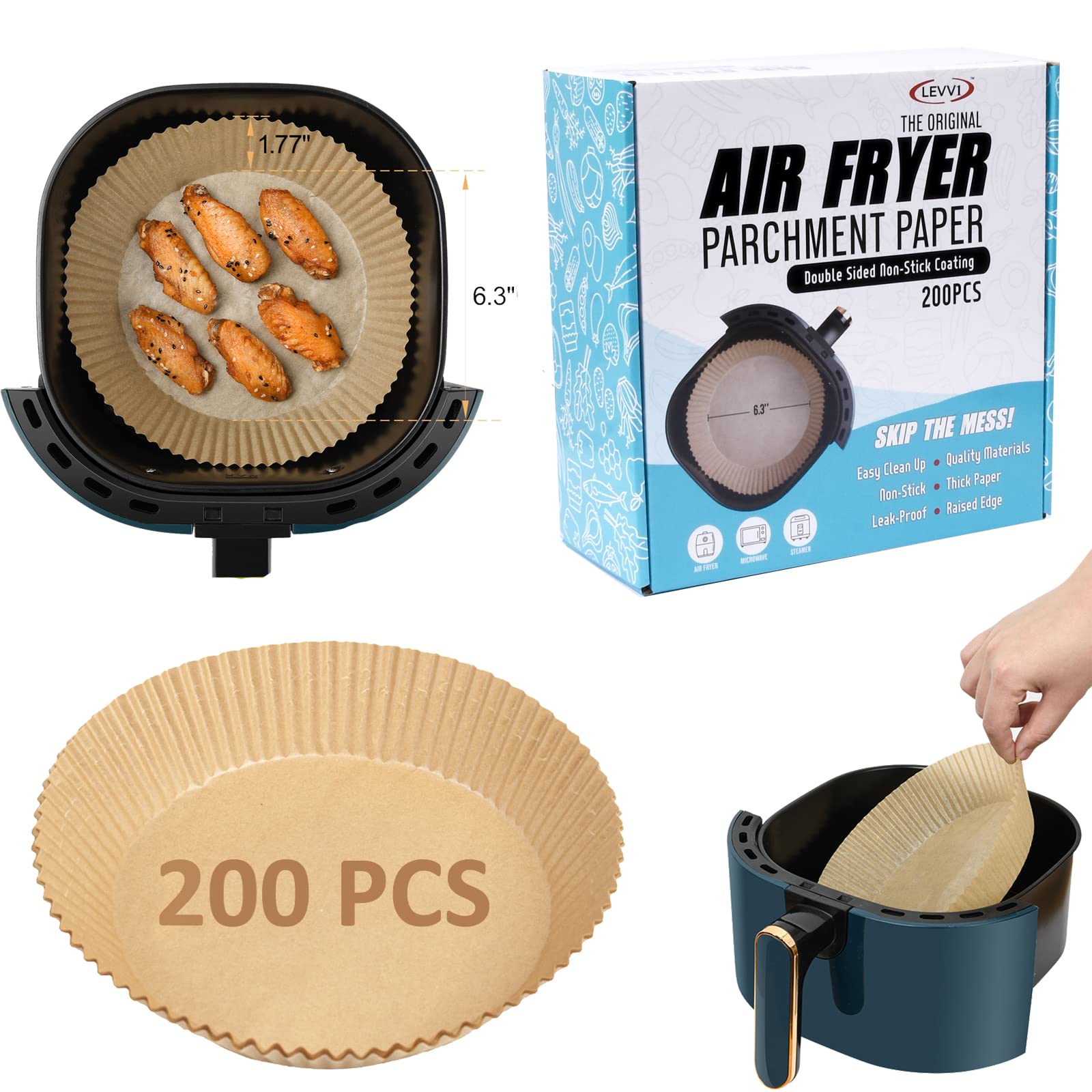 Air Fryer Disposable Paper Liner, 200PCS Non-stick Paper for Air Fryer Oil-proof, Water-proof, Natural Food Grade Parchment Paper for Baking Roasting Microwave (Size β 6.3in)